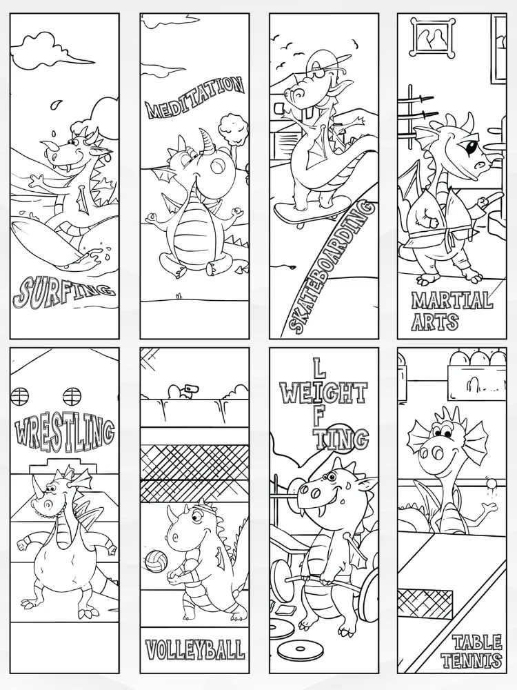 Printable Dragons Playing Sports Coloring Bookmarks - 2" x 6 ...