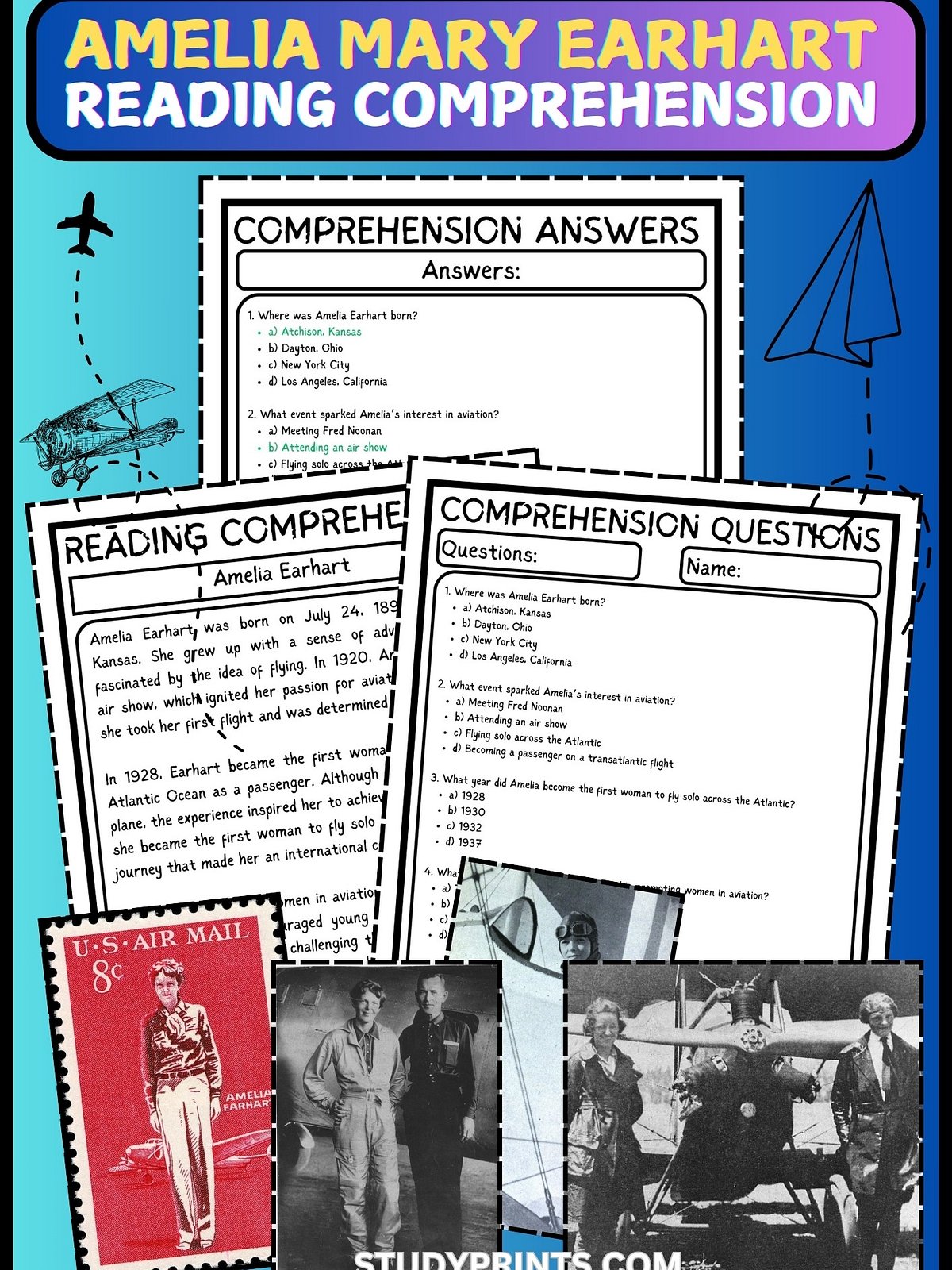 Amelia Earhart READING COMPREHENSION WITH 6 QUESTIONS PDF WORKSHEET ...