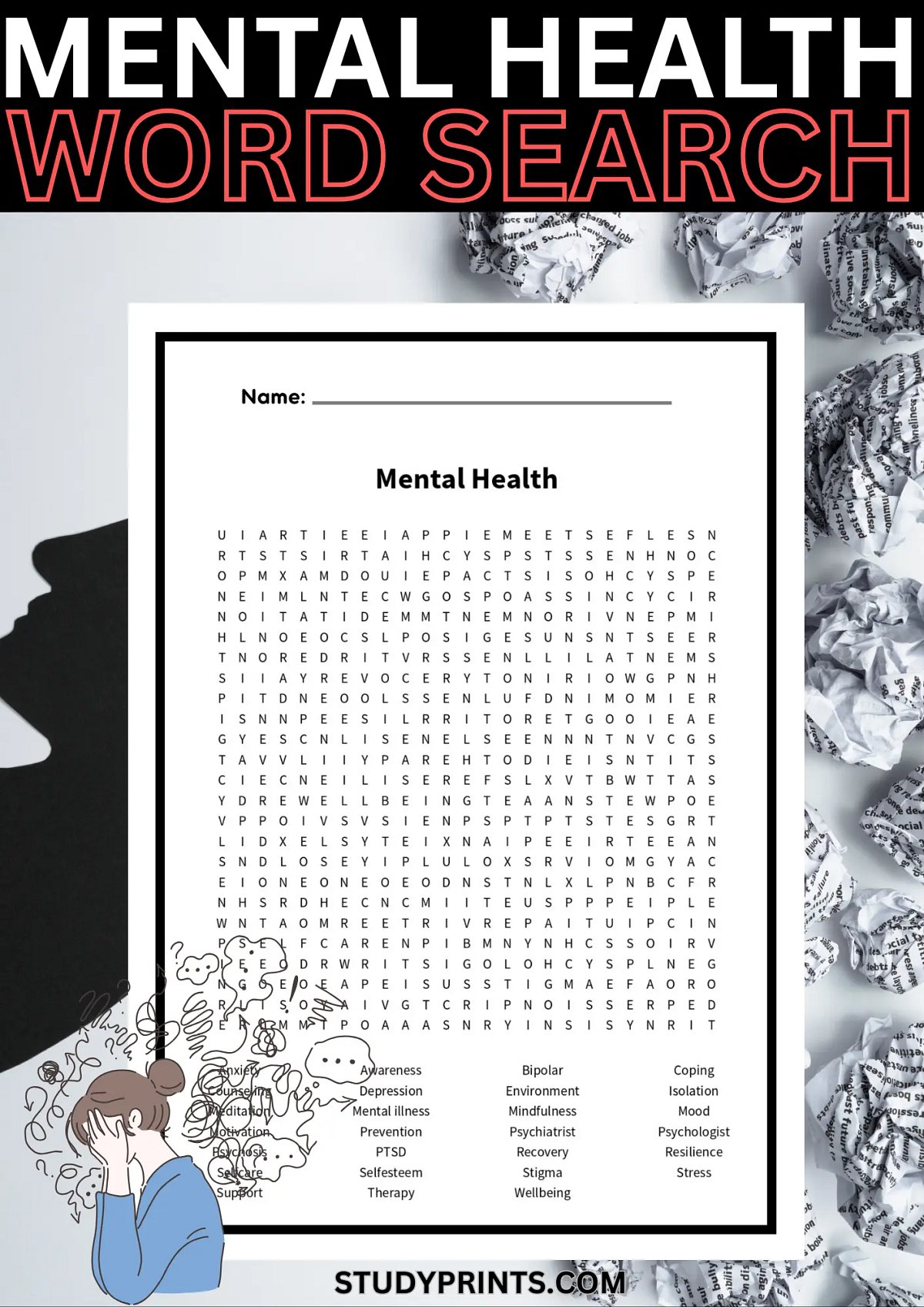 Mental Health Word Search Worksheet | Study Prints