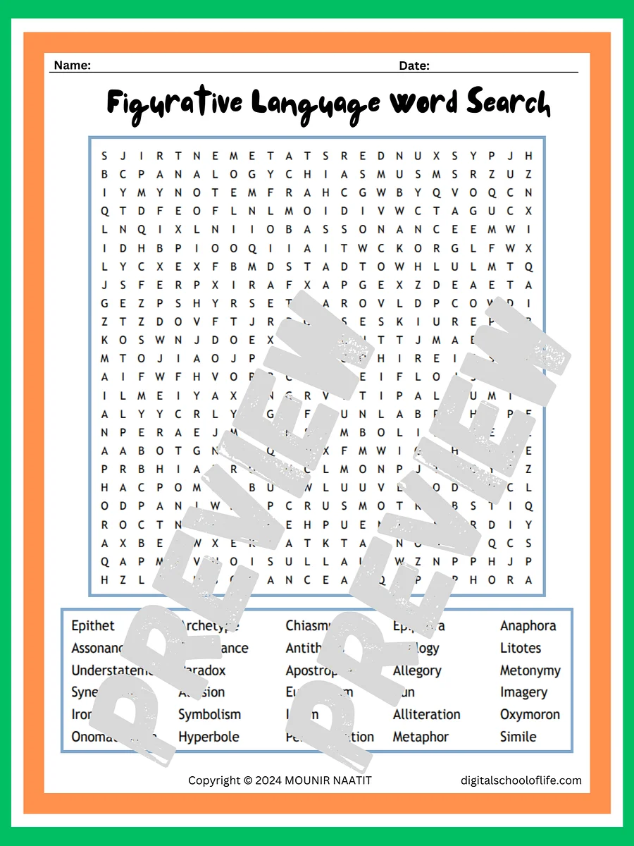 Figurative Language Word Search Puzzle, PDF, 2 Pages | Digital School ...