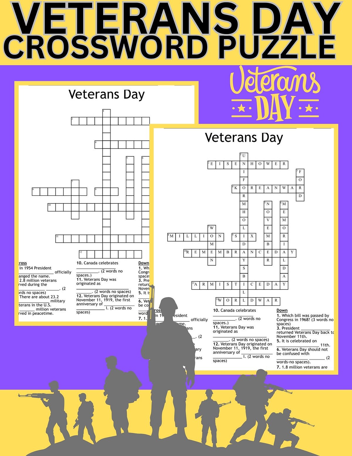 Veterans Day Crossword Puzzle Worksheet | Study Prints