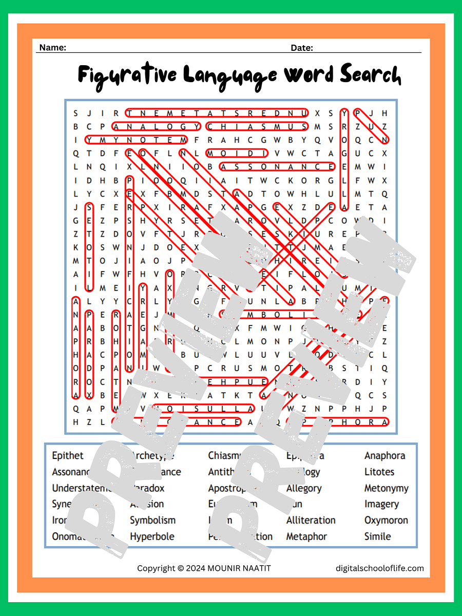 Figurative Language Word Search Puzzle, PDF, 2 Pages | Digital School ...