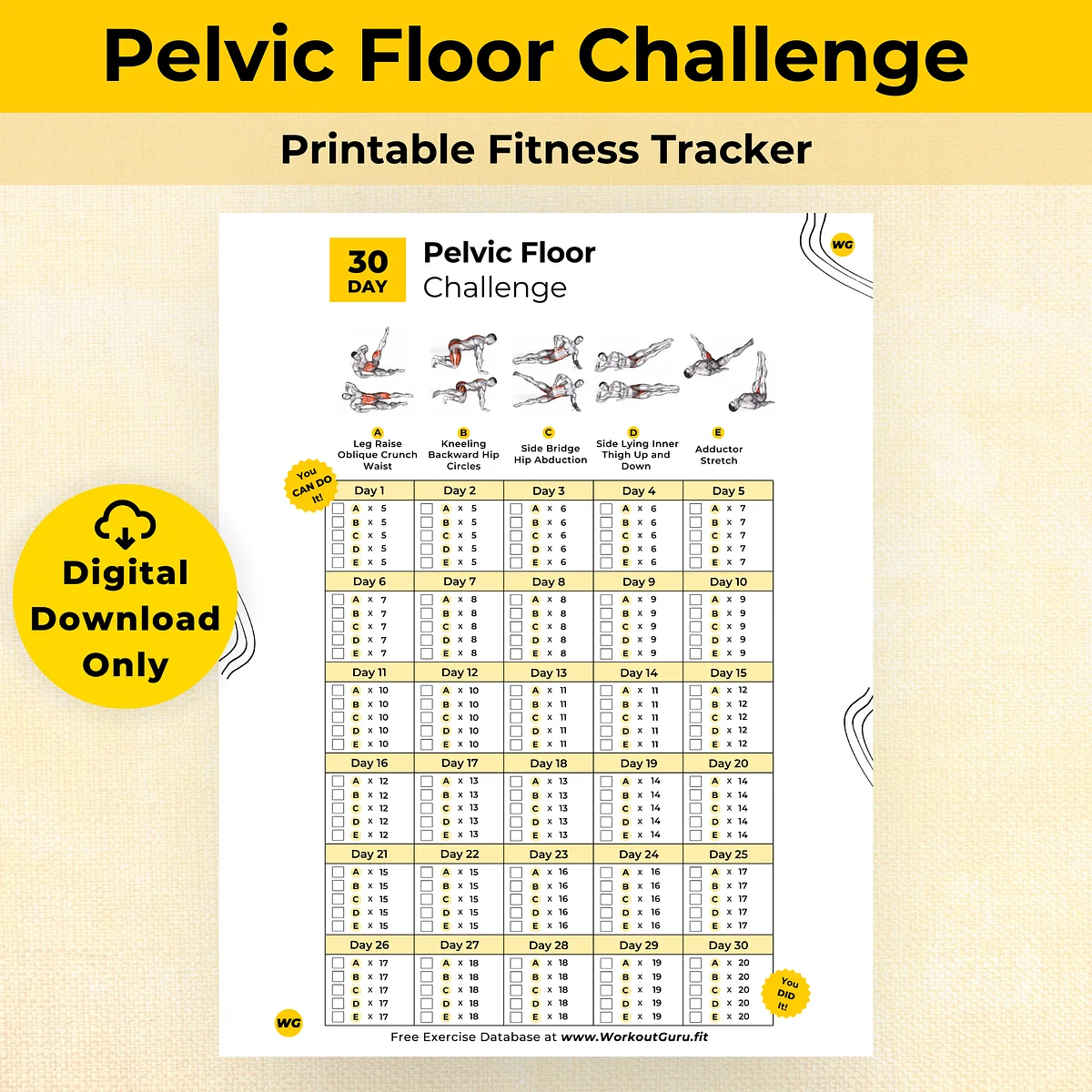 30 Day Pelvic Floor Challenge - Printable Workout Tracker | Workout Guru
