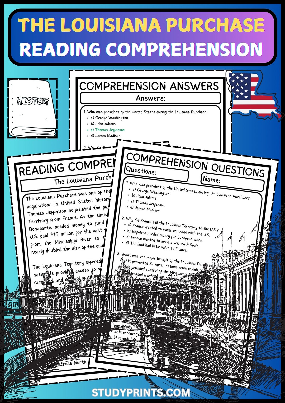 Louisiana Purchase Reading Comprehension WITH 5 QUESTIONS PDF Worksheet ...