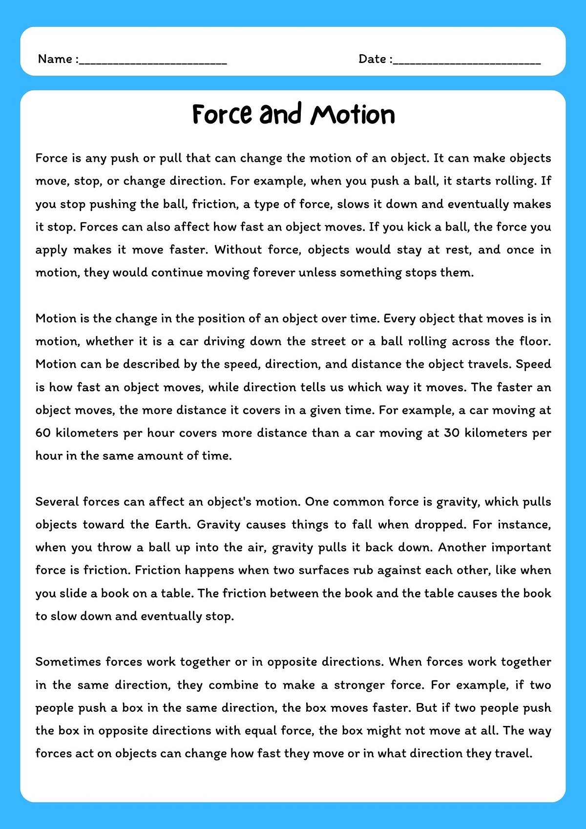 Force and Motion Reading Comprehension Passage with Questions | Learn ...