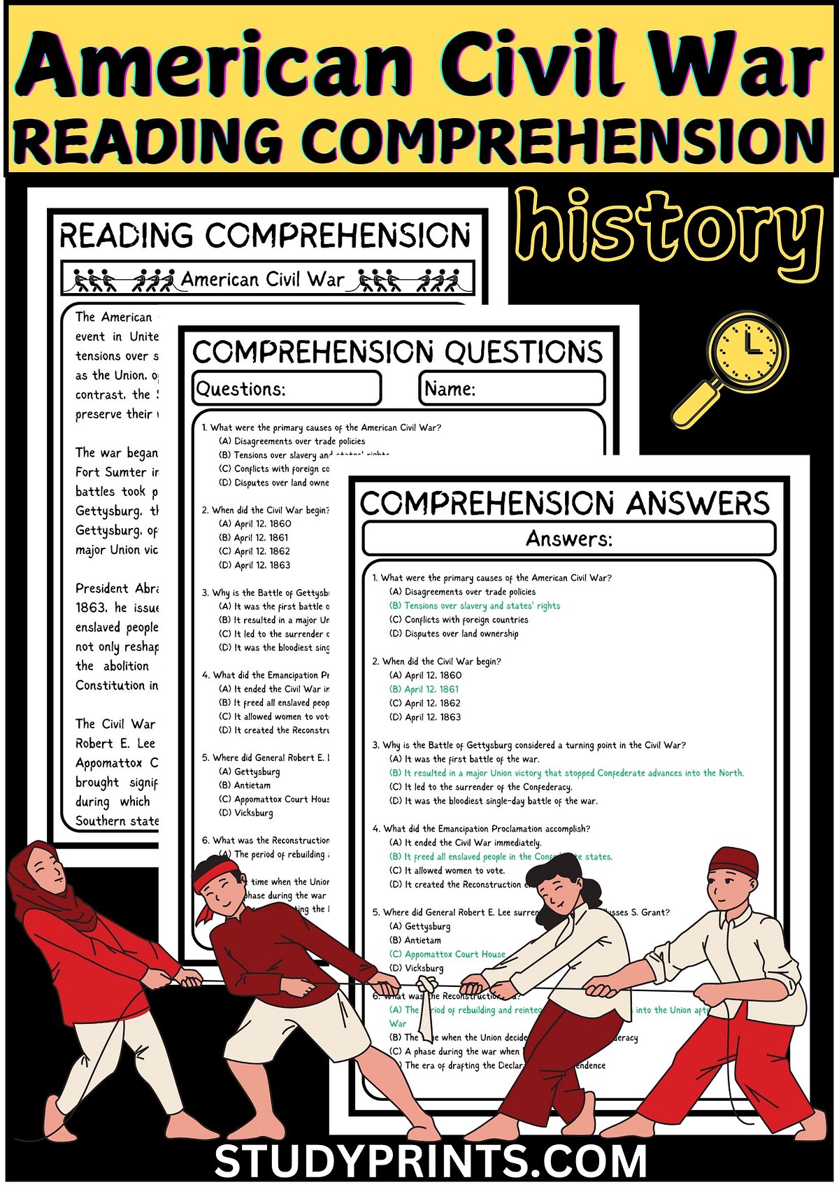 American Civil War Reading Comprehension Worksheet with 6 Questions PDF ...