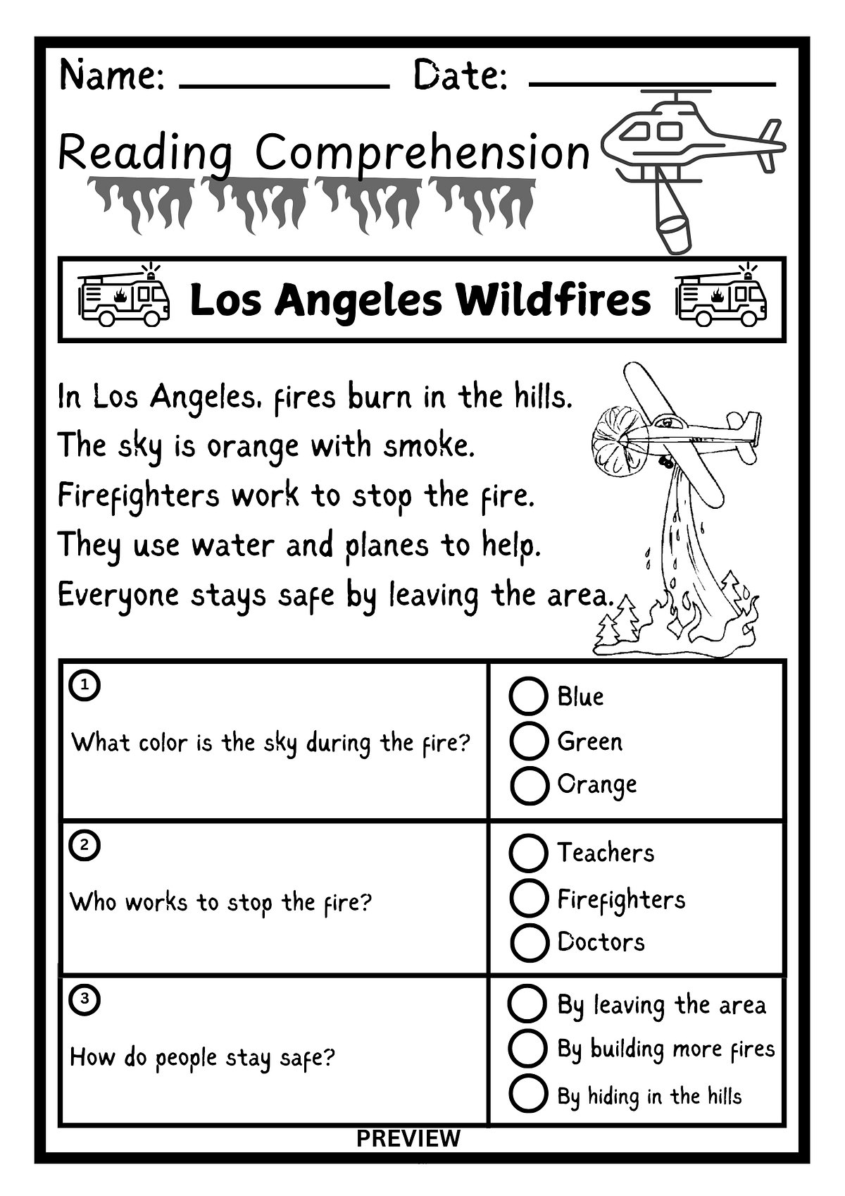 Los Angeles Wildfires - Kindergarten Reading Comprehension Worksheet ...