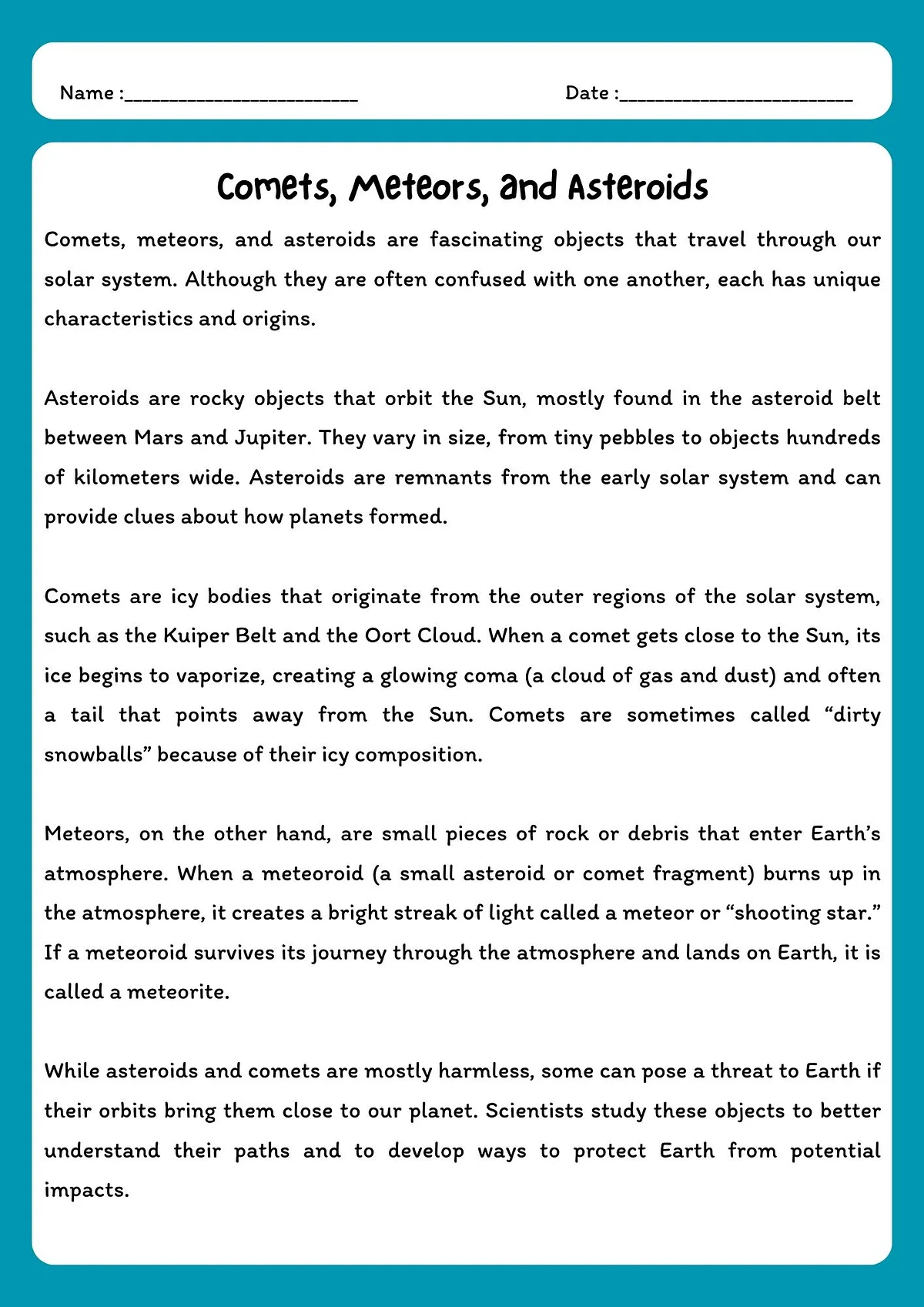 Comets, Meteors, and Asteroids Reading Comprehension with Questions ...