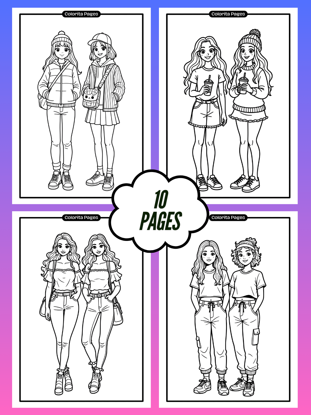 girls cute 3 bff coloring pages