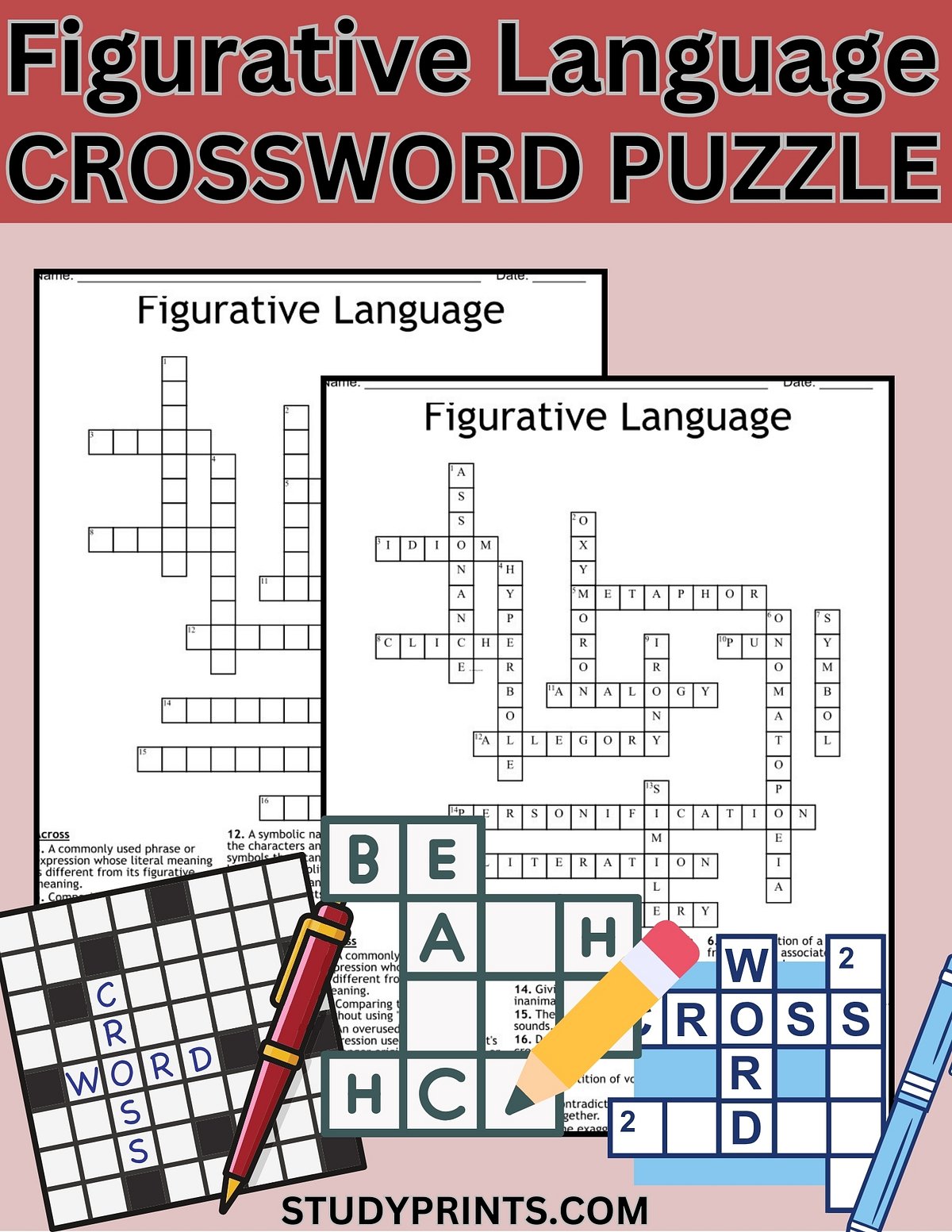 Figurative Language Crossword Puzzle with Answer Key | Study Prints