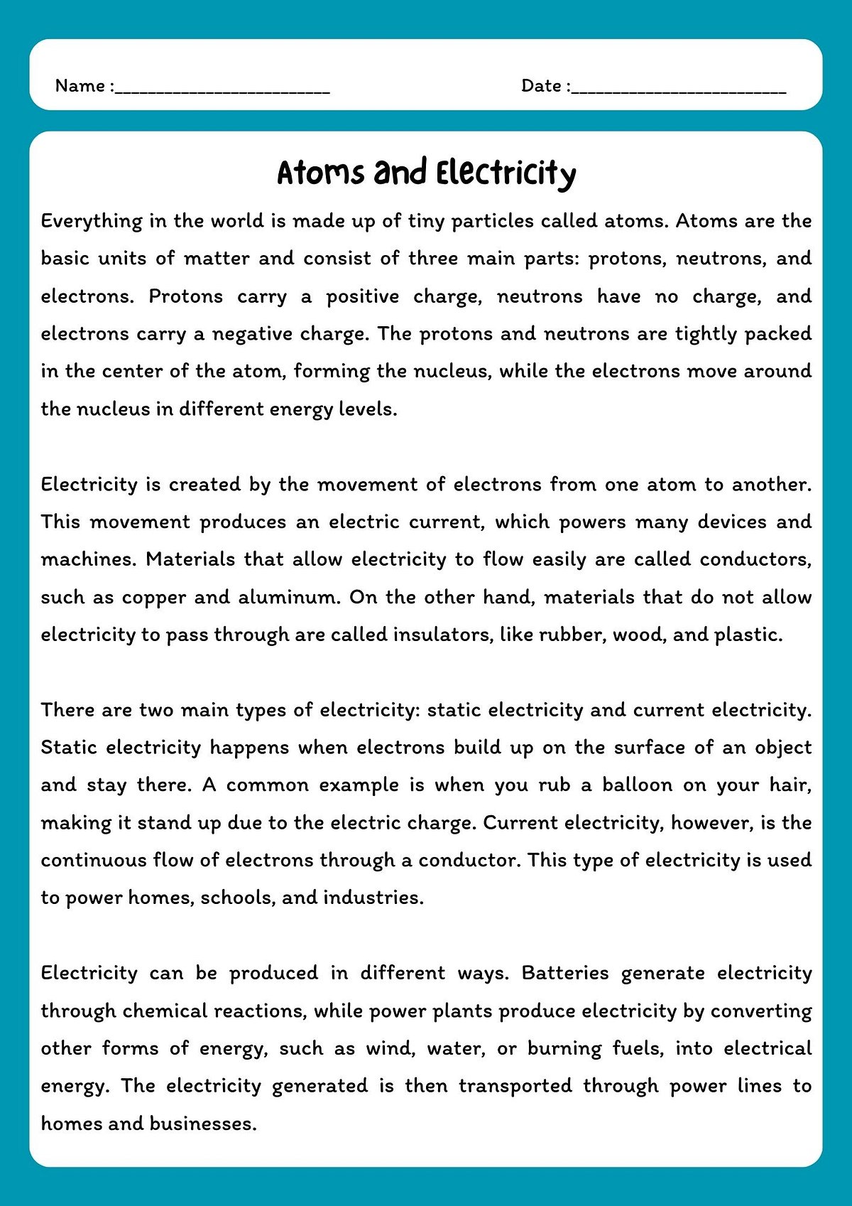 Atoms and Electricity - Reading Comprehension with Questions | Learn ...