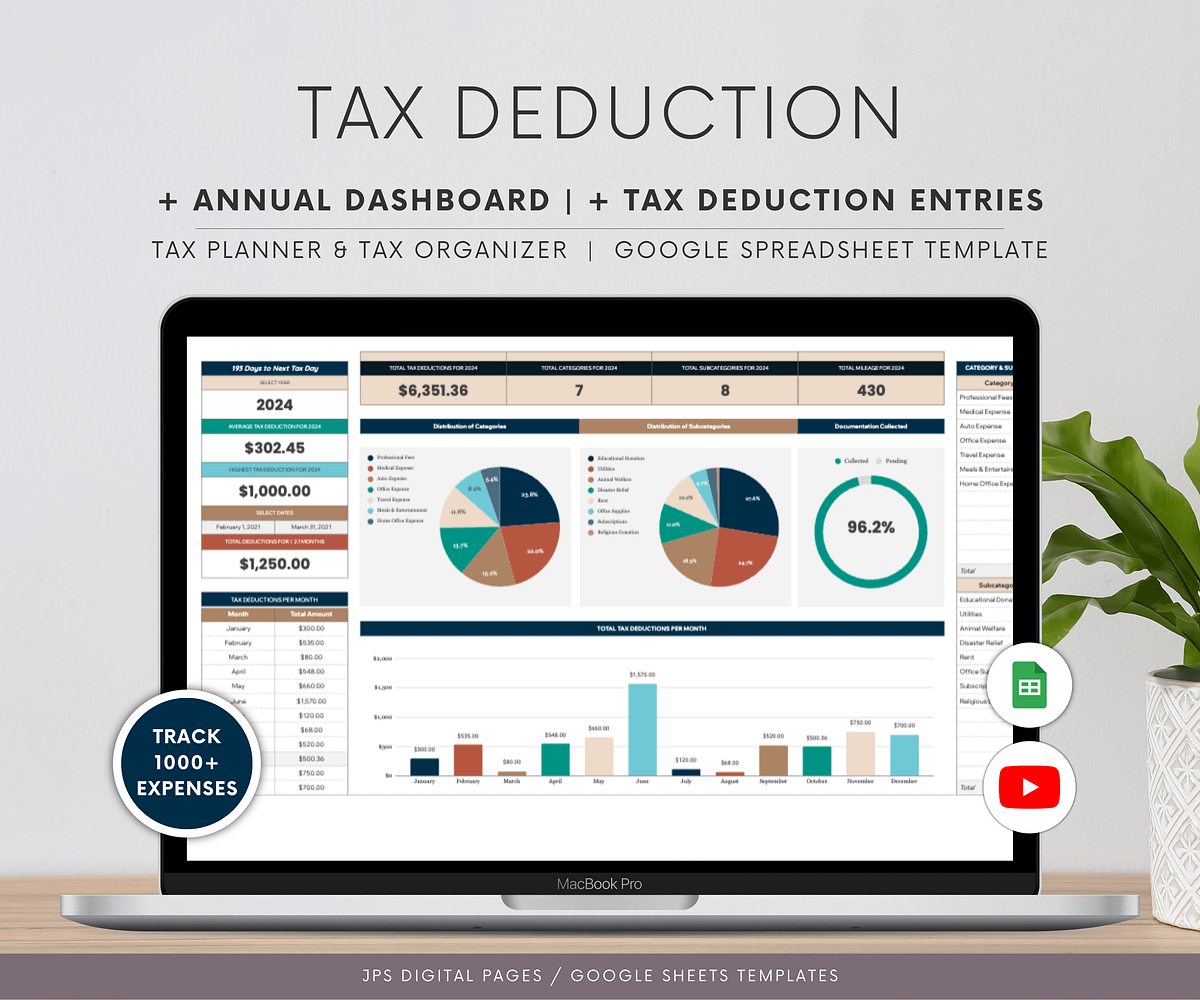 Tax Deductions Tracker & Dashboard Spreadsheet, Google Sheets Template | JPS Digital Pages