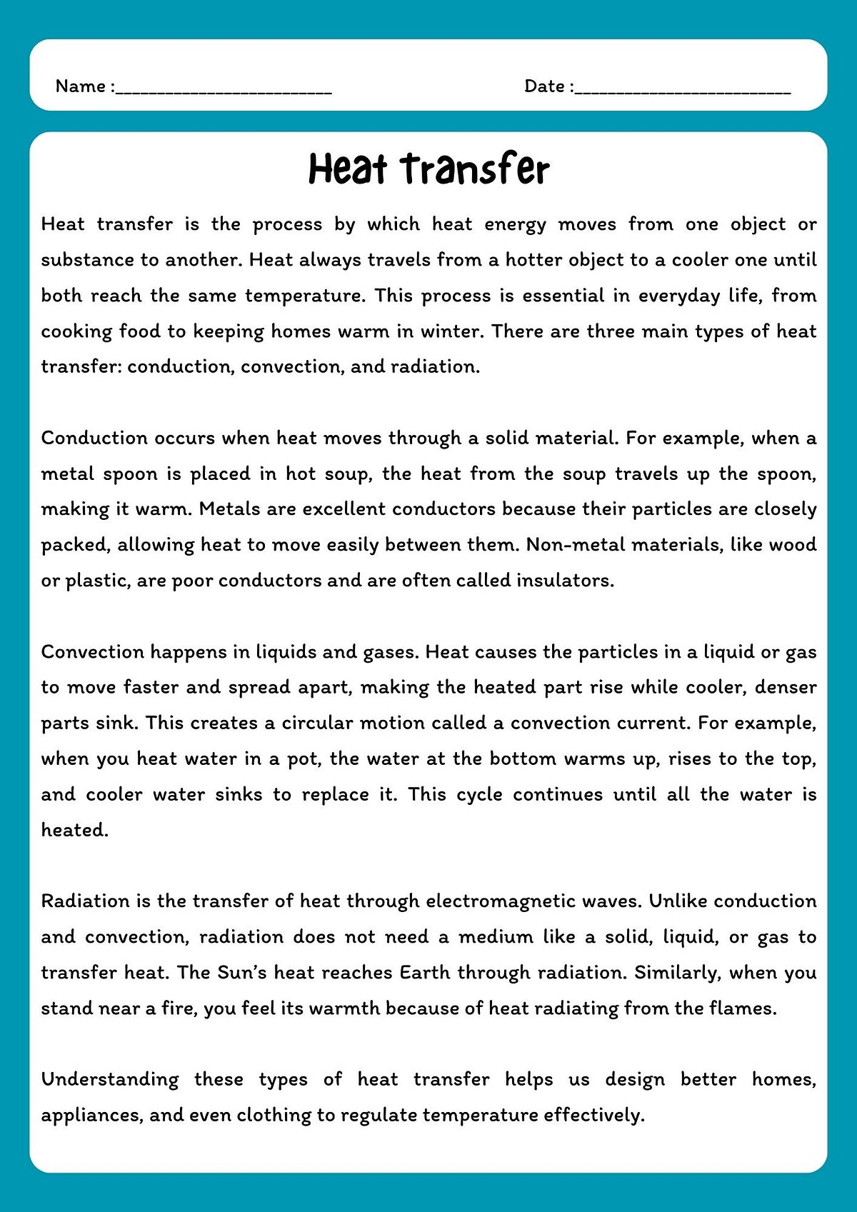 Heat Transfer Reading Comprehension Passage & Questions | Learn Prints ...