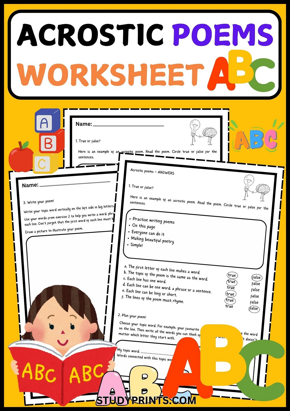 Acrostic Poems Worksheet | True or False & Writing Activity | Study Prints
