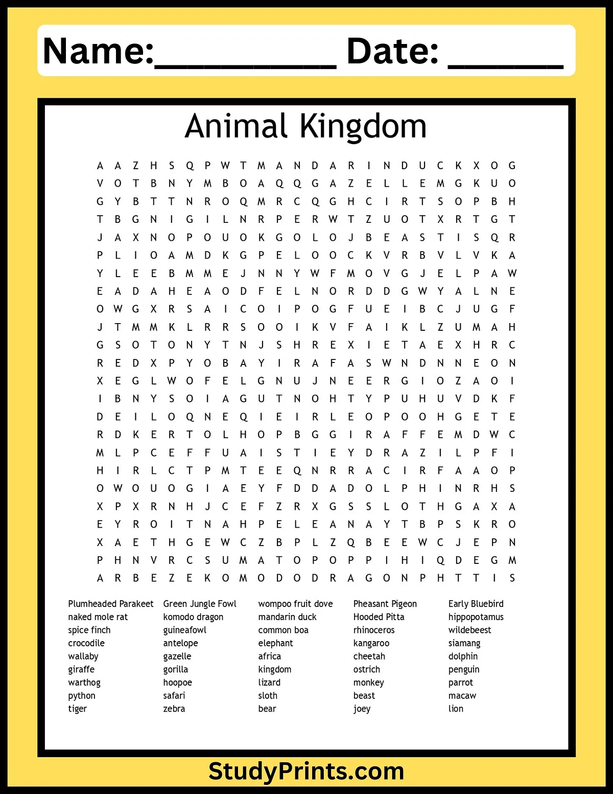 Animal Kingdom Word Search puzzle Worksheet | Study Prints