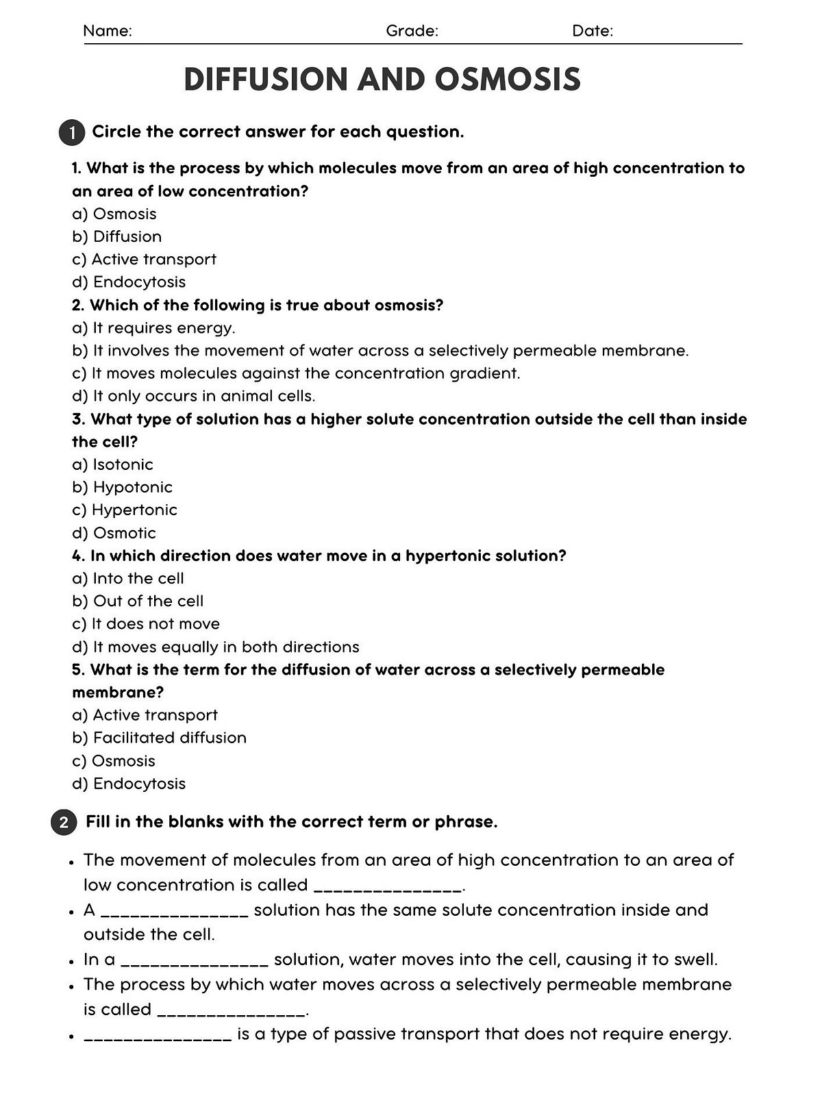 Biology Diffusion and Osmosis Worksheet - Printable PDF with Answer Key ...