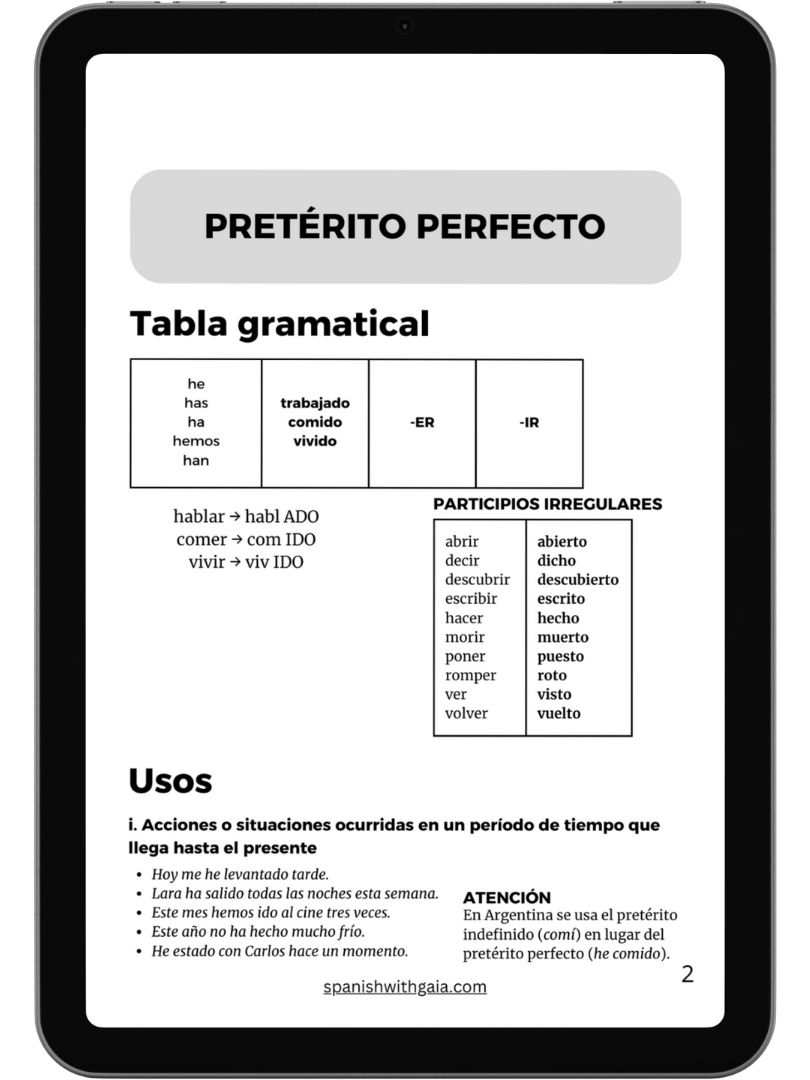 PDF PRETERITO PERFECTO + ejercicios y soluciones | Spanish With Gaia