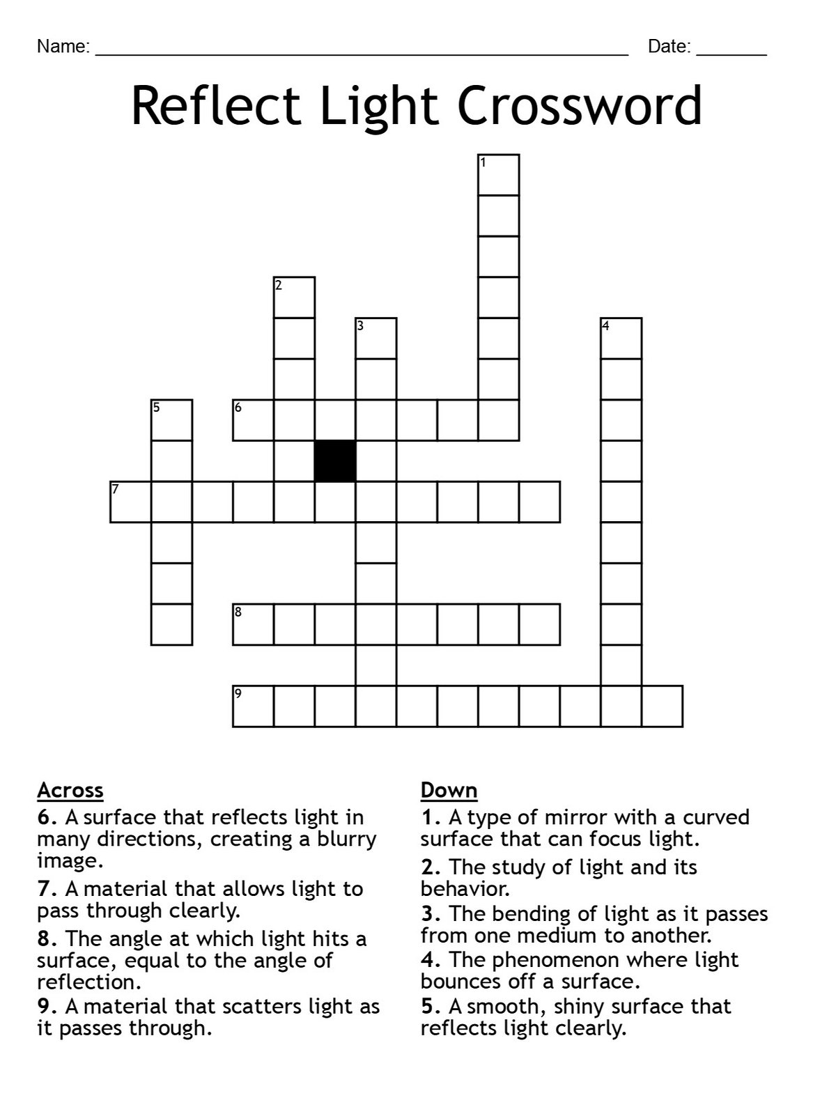 Reflect Light Crossword Puzzle – Fun Science Activity | Learn Prints ...