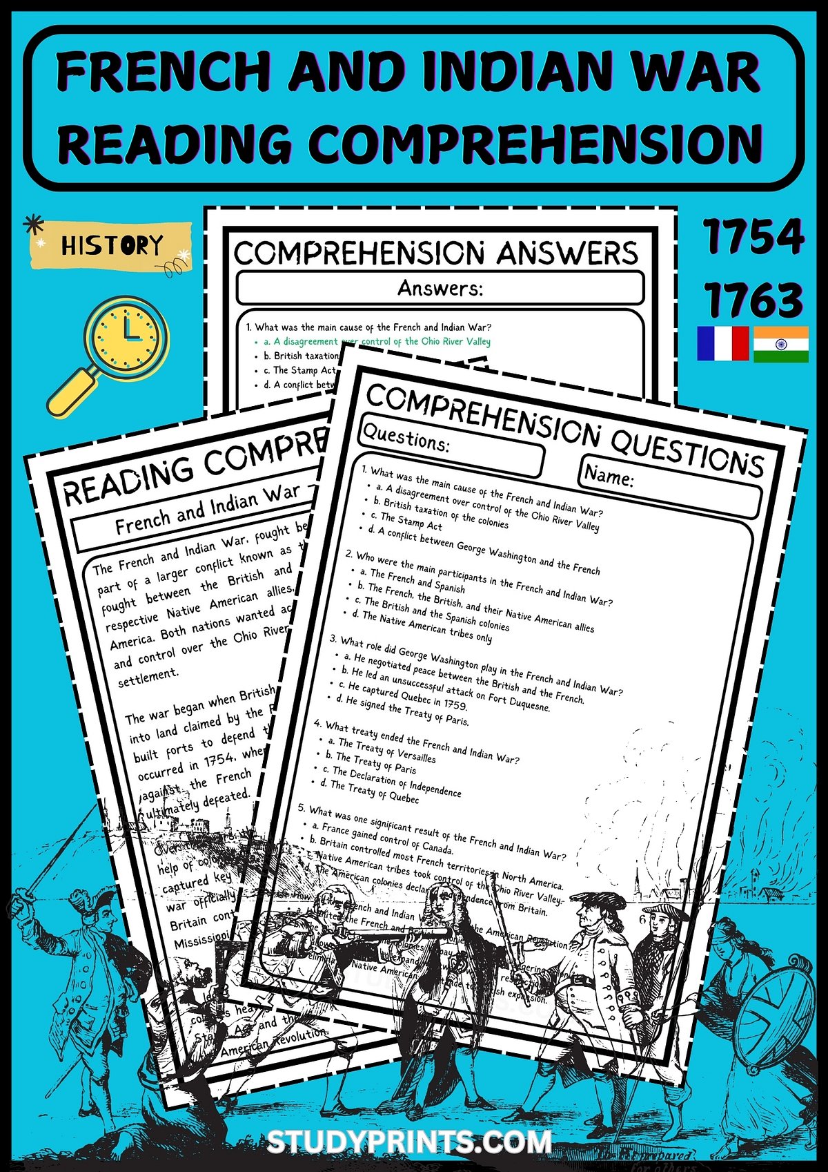 french and indian war Reading Comprehension Worksheet WITH 6 QUESTIONS ...