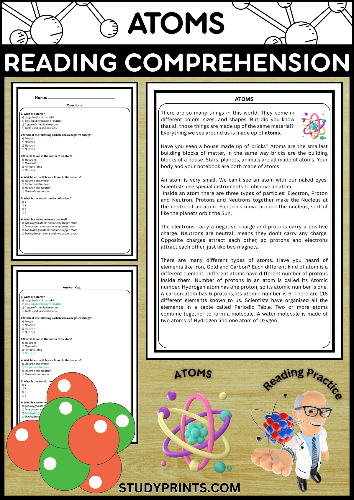 Atoms Reading Comprehension Worksheet With Multiple Choice Questions ...