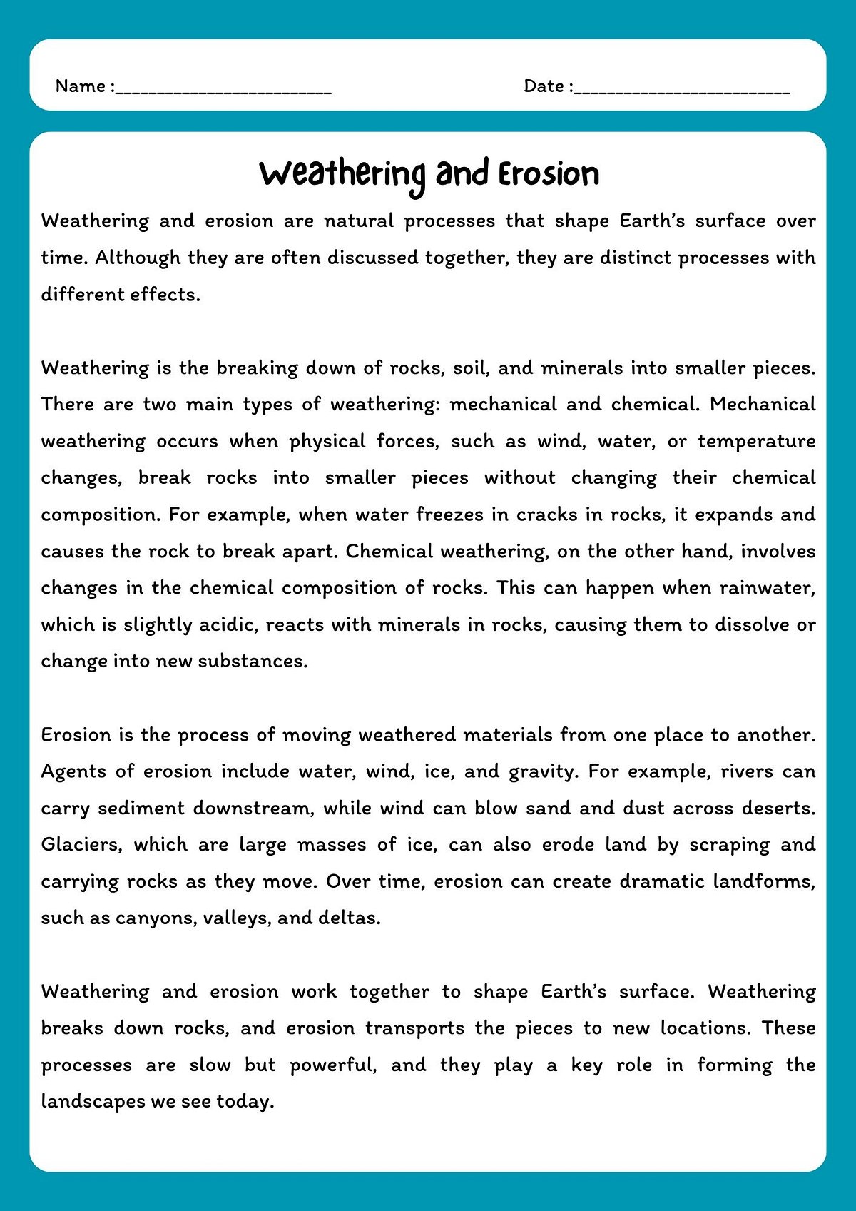 Weathering and Erosion Reading Comprehension with Questions | Learn ...