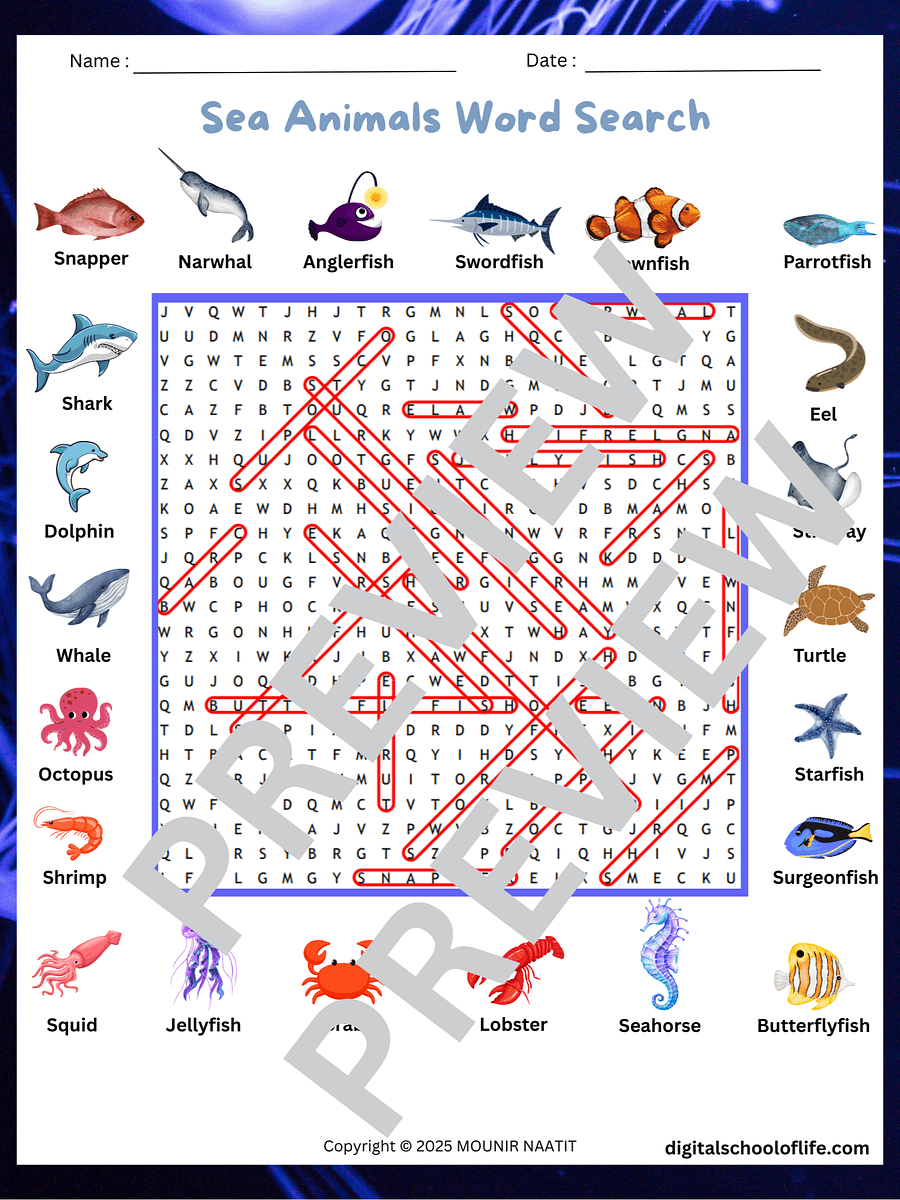 Sea Animals Word Search Puzzle – Fish Names Word Game | Digital School ...