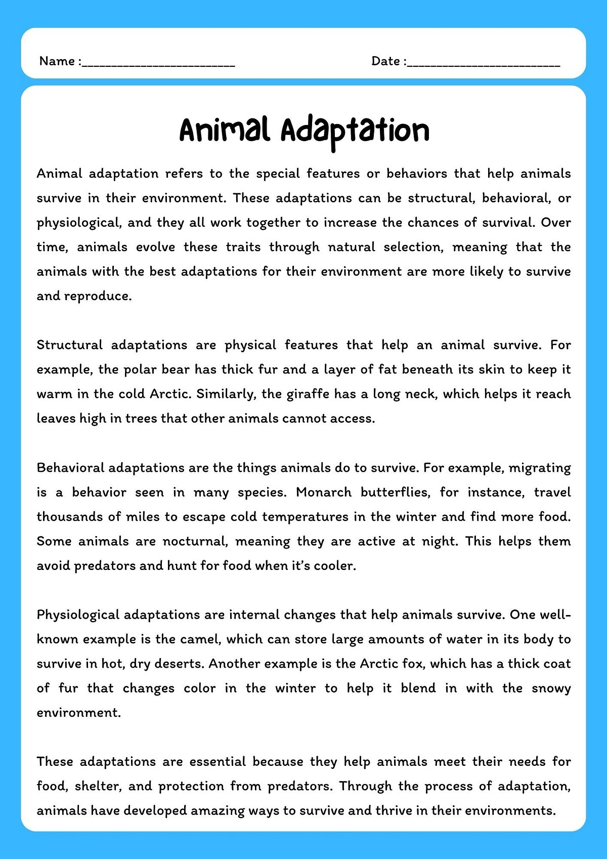 Animal Adaptation Reading Passage with Comprehension Questions | Learn ...