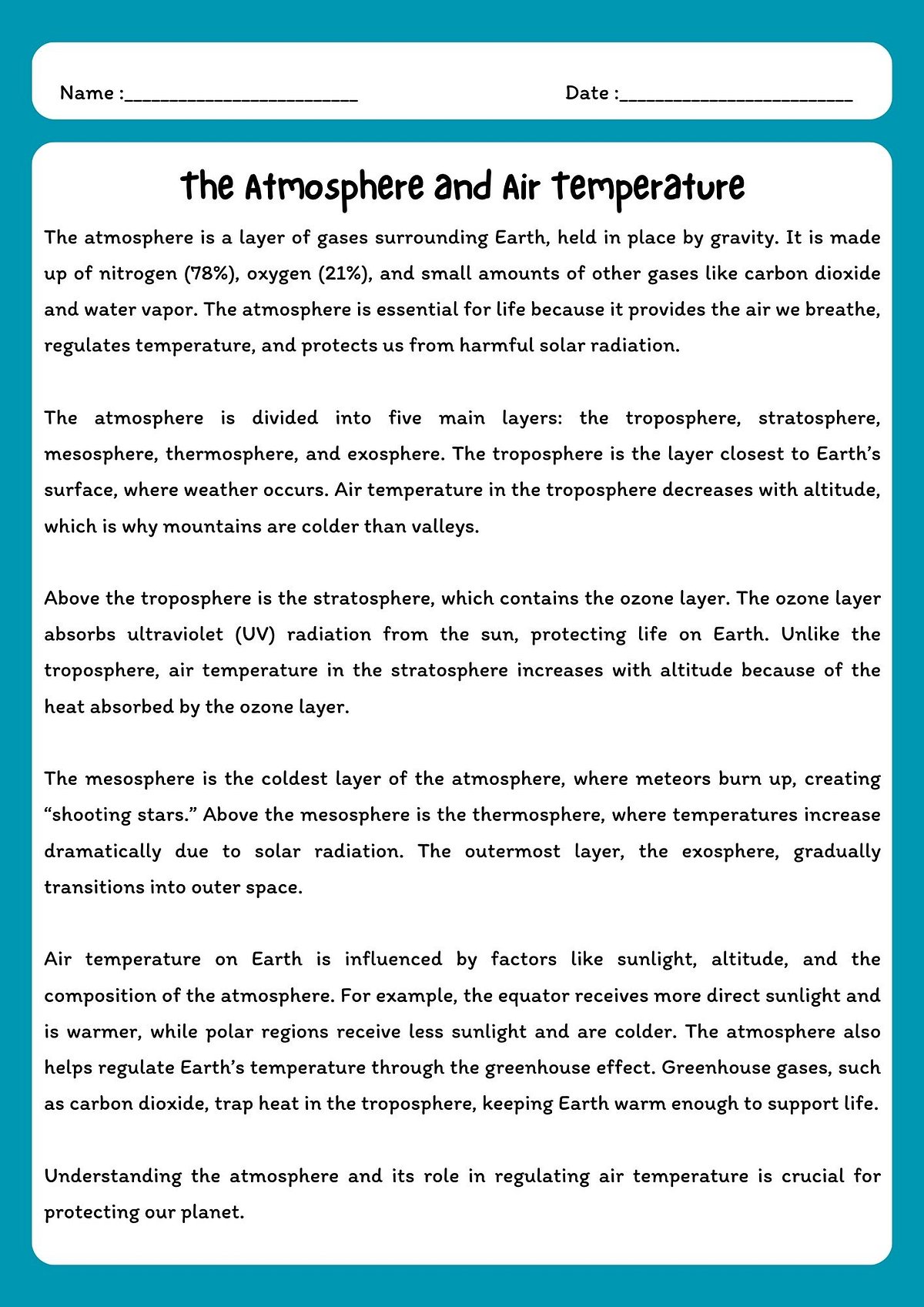 Atmosphere and Air Temperature Reading Comprehension Passage with ...
