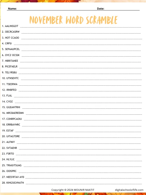 November Word Scramble, November Word Puzzle, Season Game, PDF of 4 ...