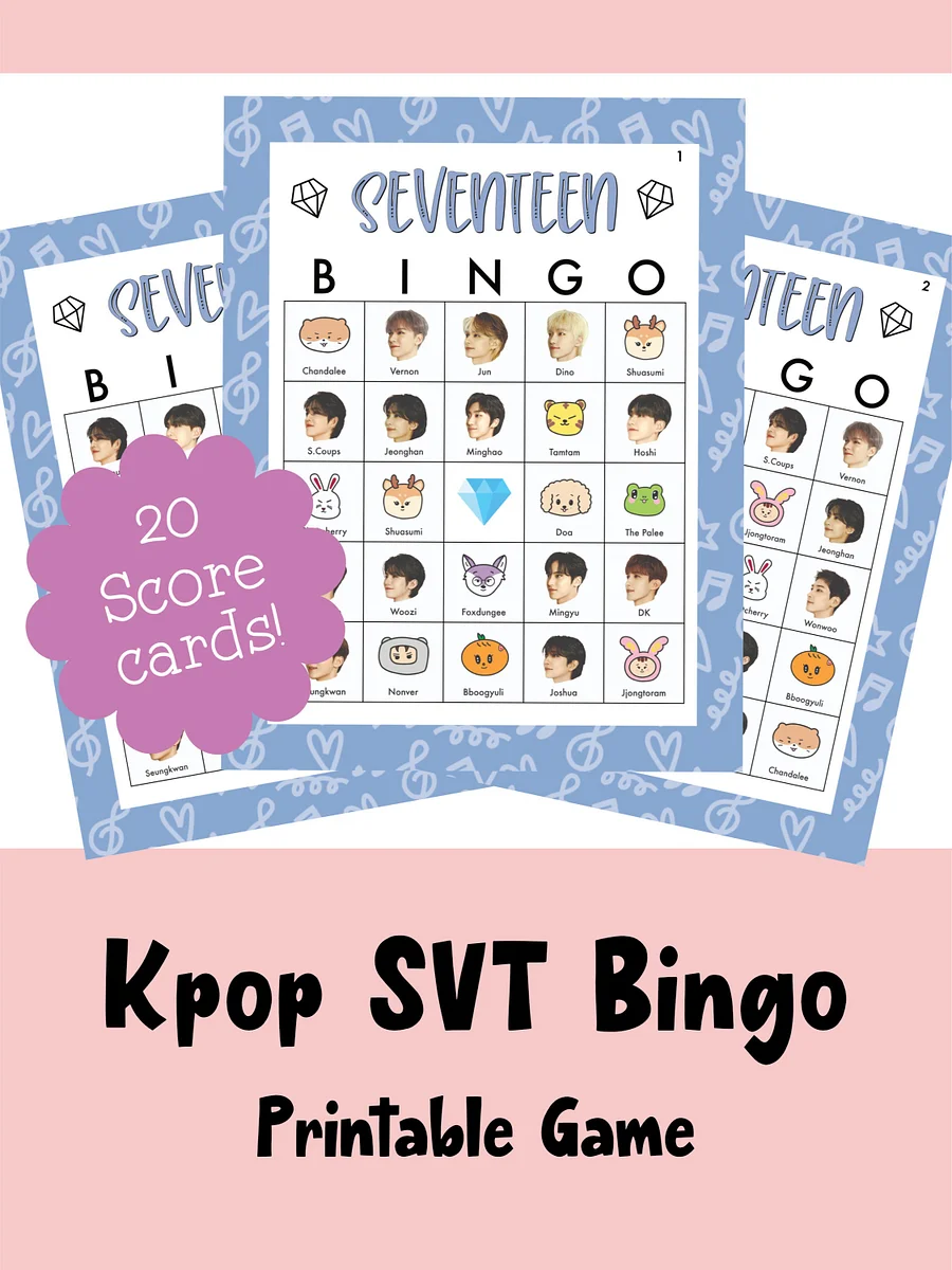 SEVENTEEN k-pop BINGO game MINITEEN Printable party activity for Carats | OT13 Puzzles Shop