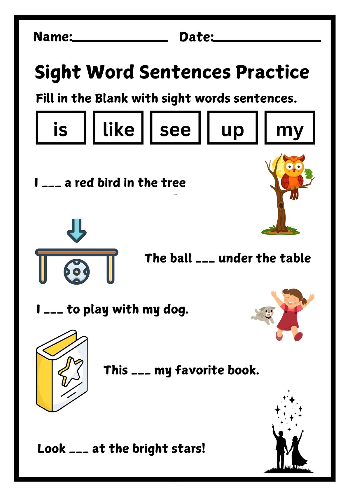 first grade sight words sentence worksheets PDF | Study Prints
