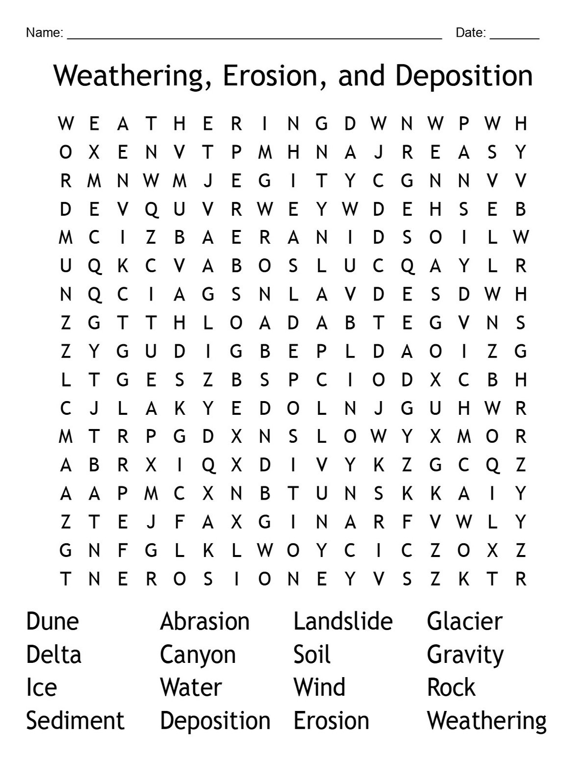 Printable Weathering, Erosion, and Deposition Word Search Puzzle ...