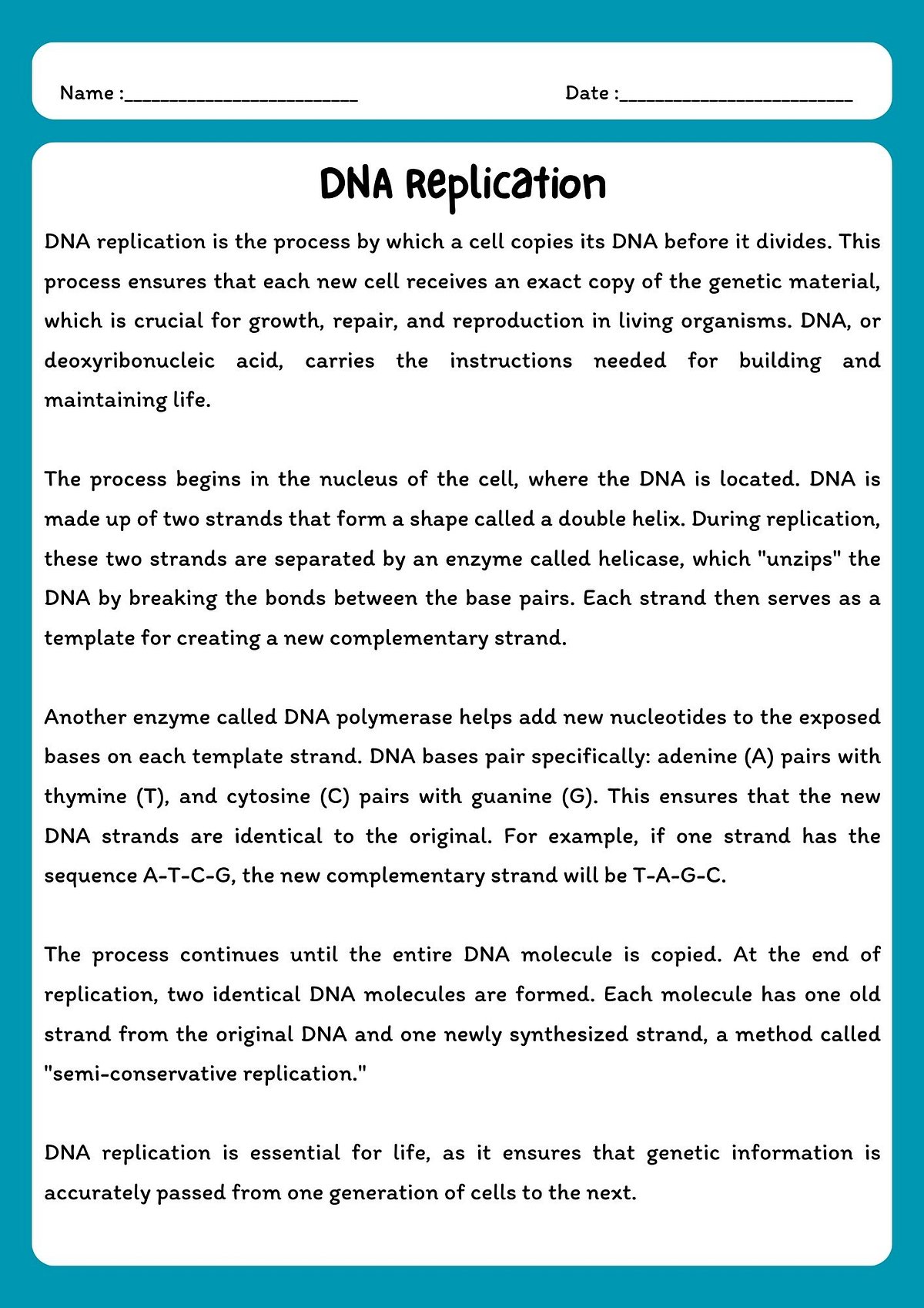 DNA Replication Reading Comprehension Passage & Questions | Learn ...