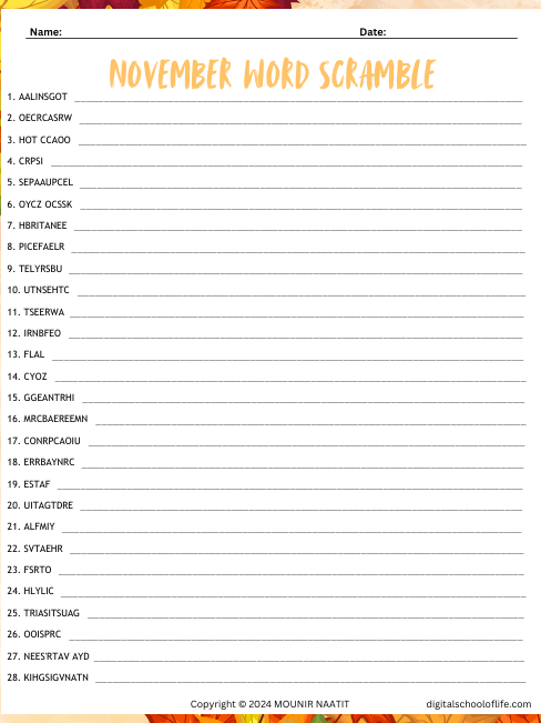November Word Scramble, November Word Puzzle, Season Game, PDF of 4 ...