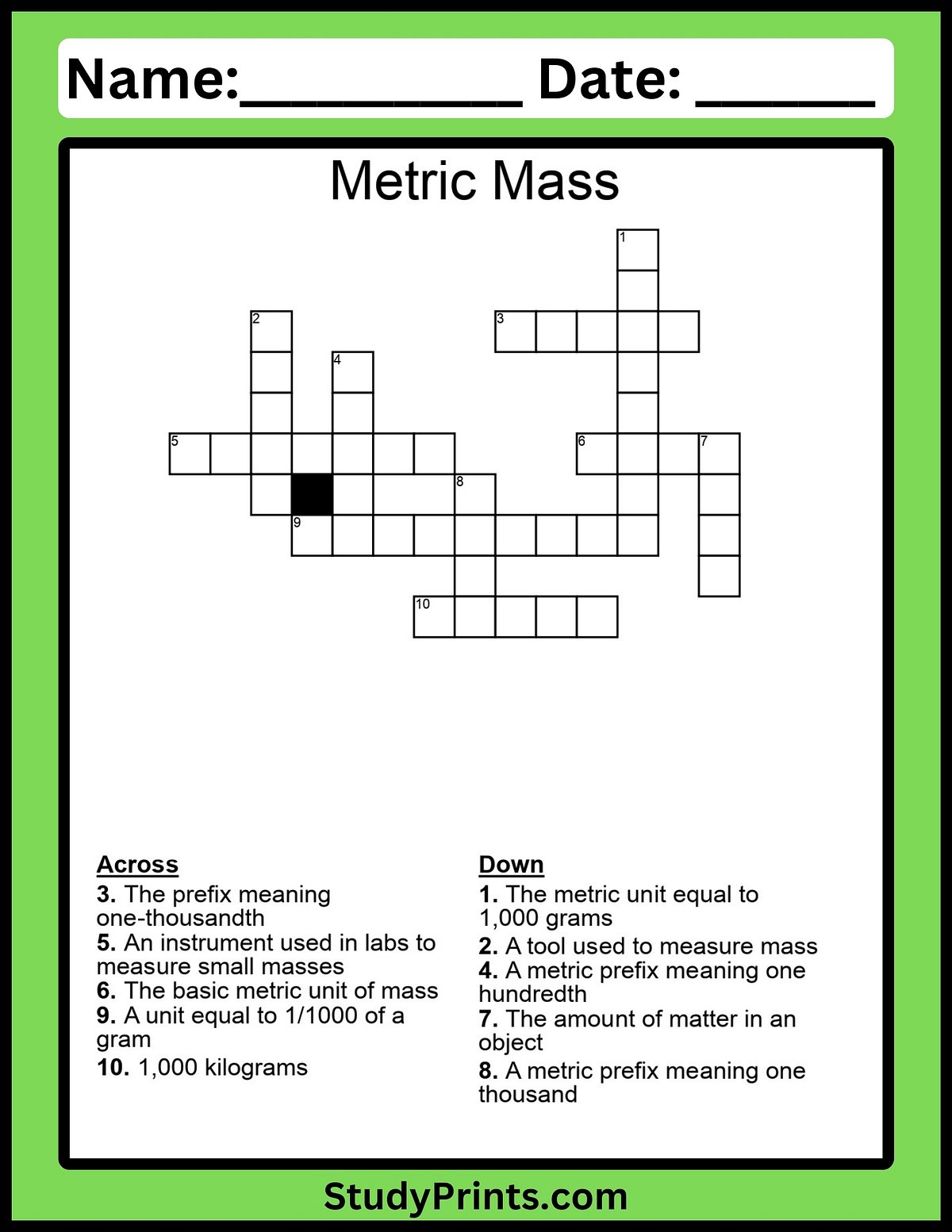 Metric Mass Crossword Puzzle Worksheet | Study Prints