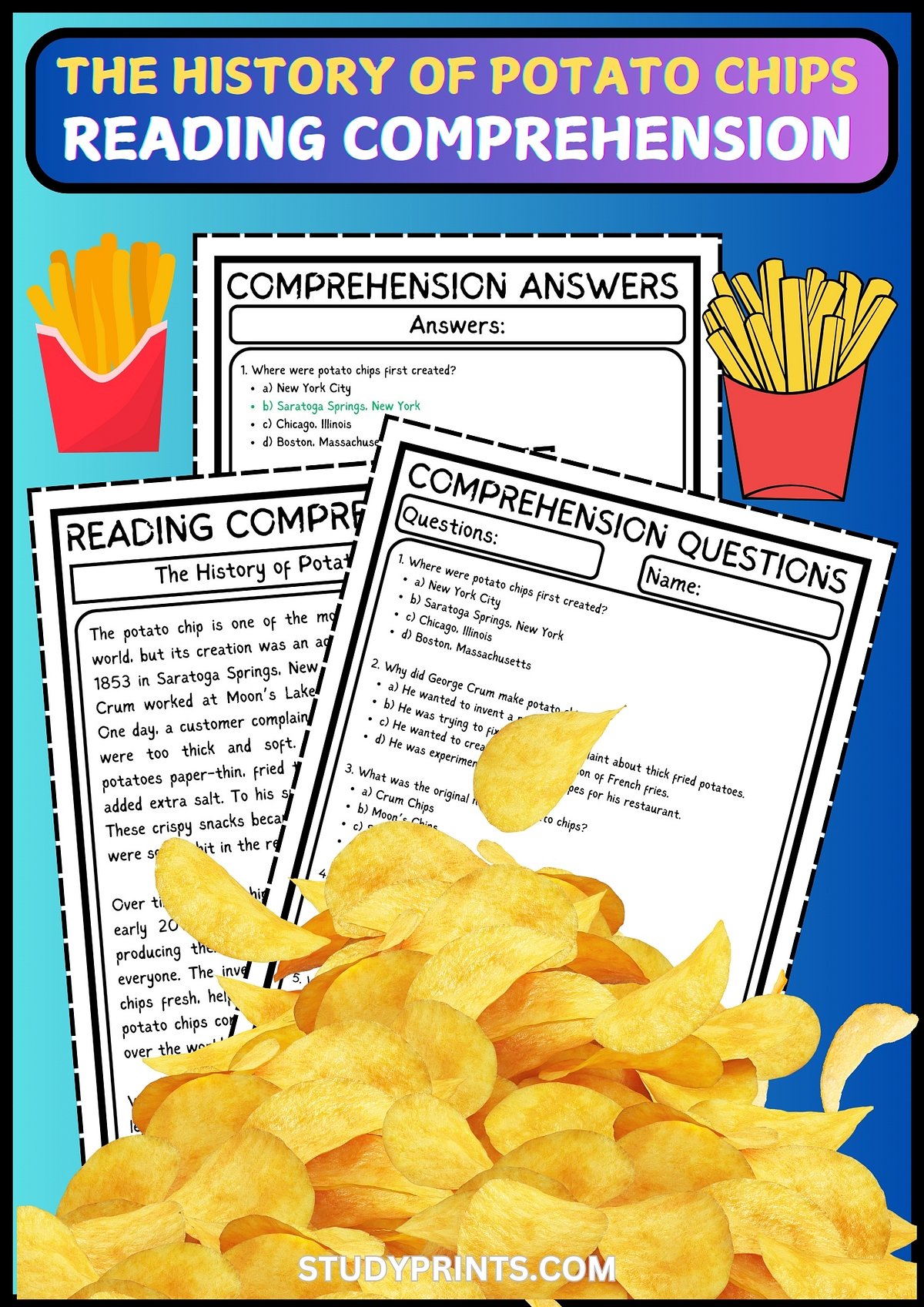 History of Potato Chips READING COMPREHENSION WITH 5 QUESTIONS PDF ...