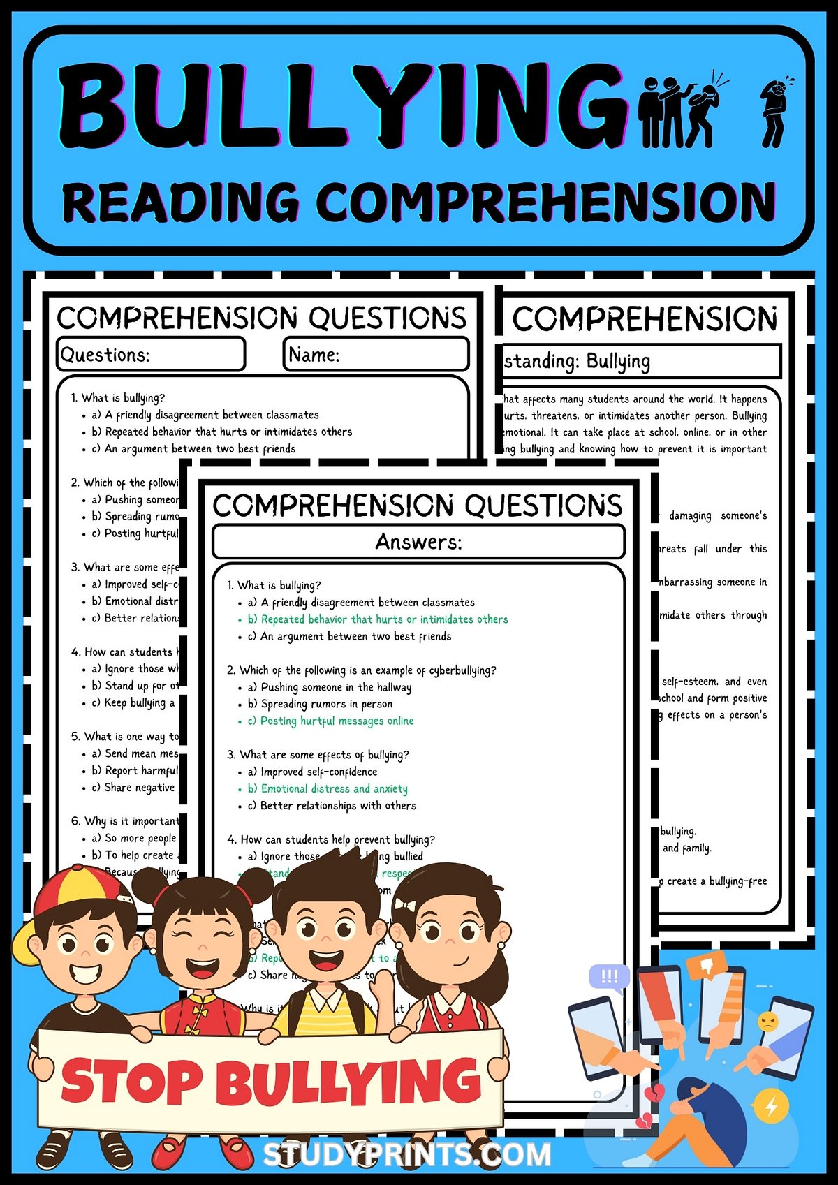 bullying reading comprehension activities for middle school | Study Prints