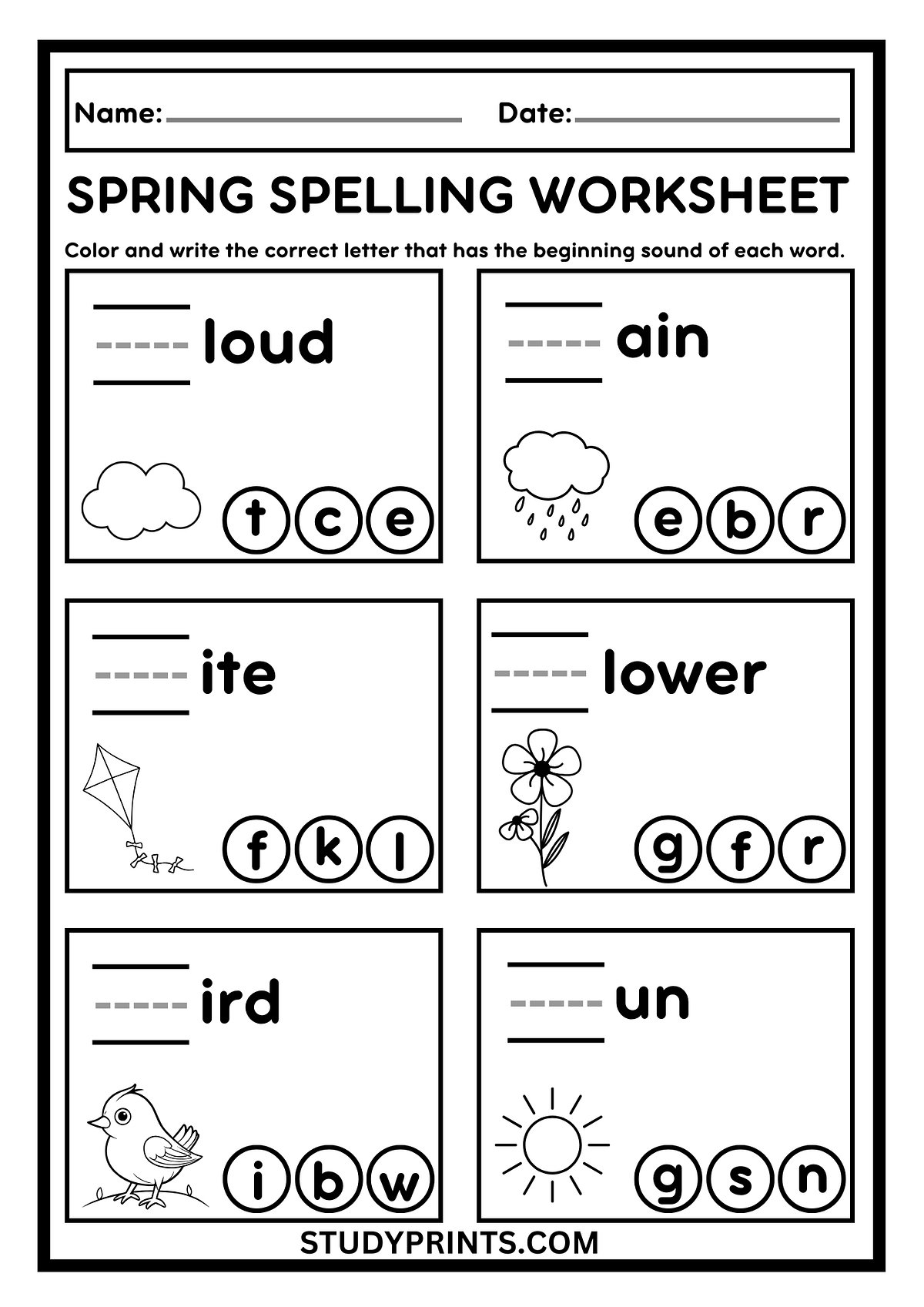 Spring spelling word practice for Kindergarten PDF | Study Prints