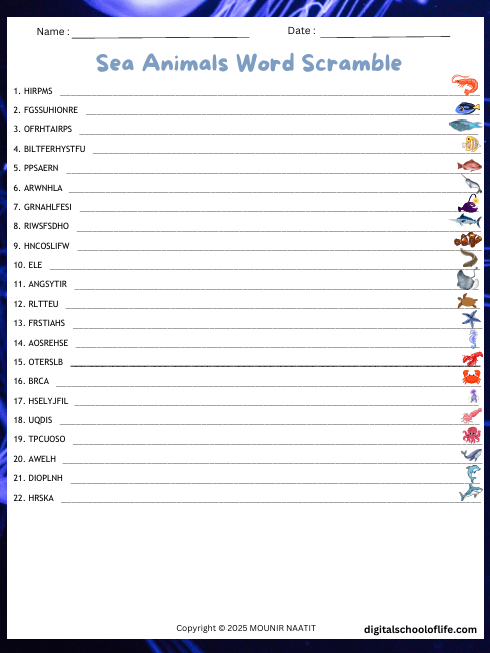 Sea Animals Word Scramble Puzzle Game – Fish Word Puzzle | Digital ...