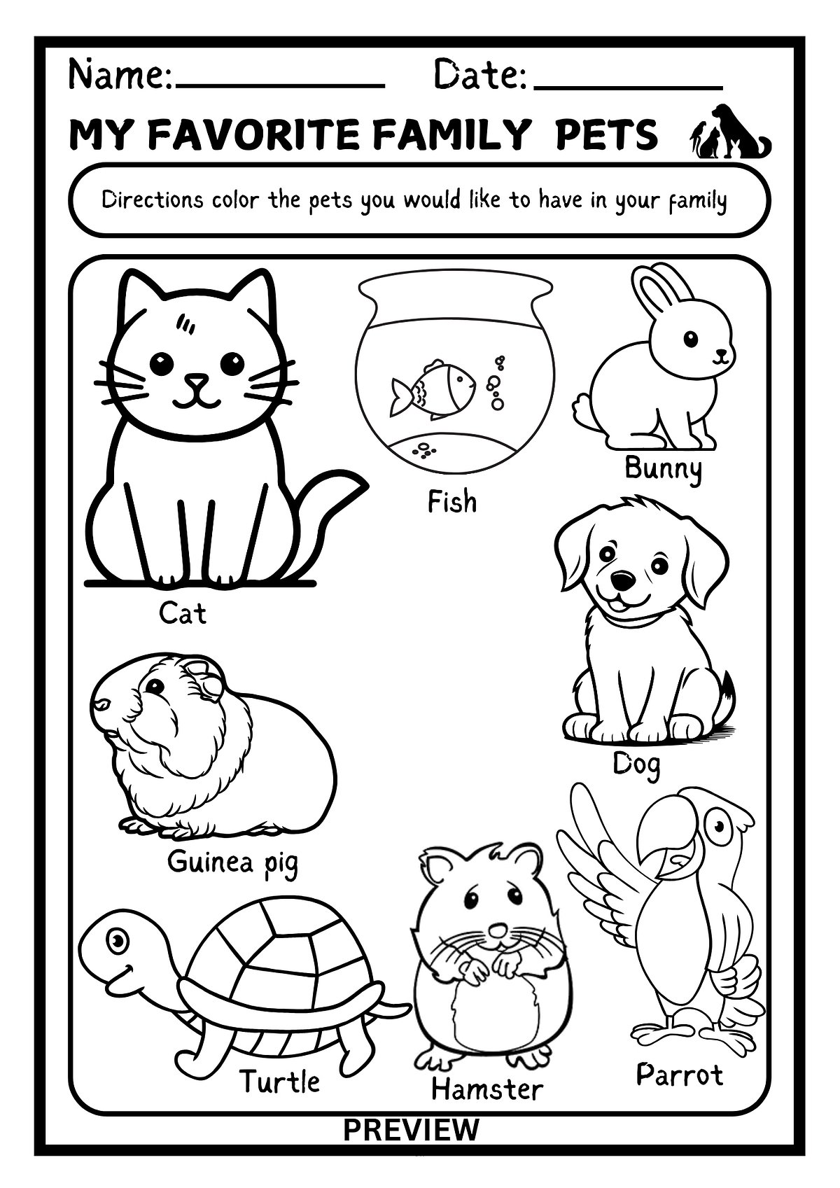MY FAVORITE PET Coloring Worksheet printable | Study Prints
