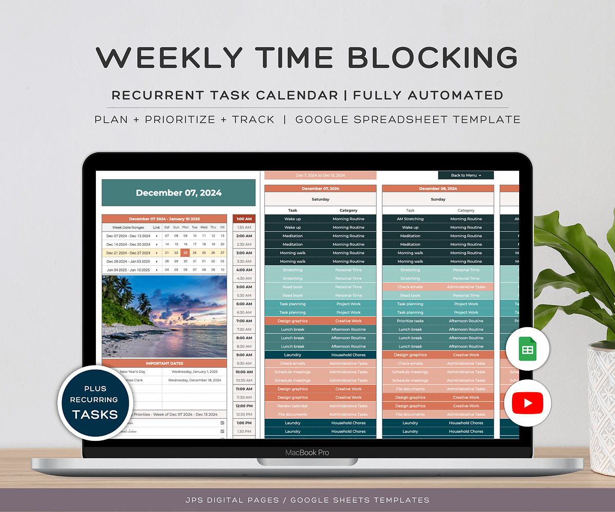 Time Blocking Planner, Google Sheets Template | JPS Digital Pages