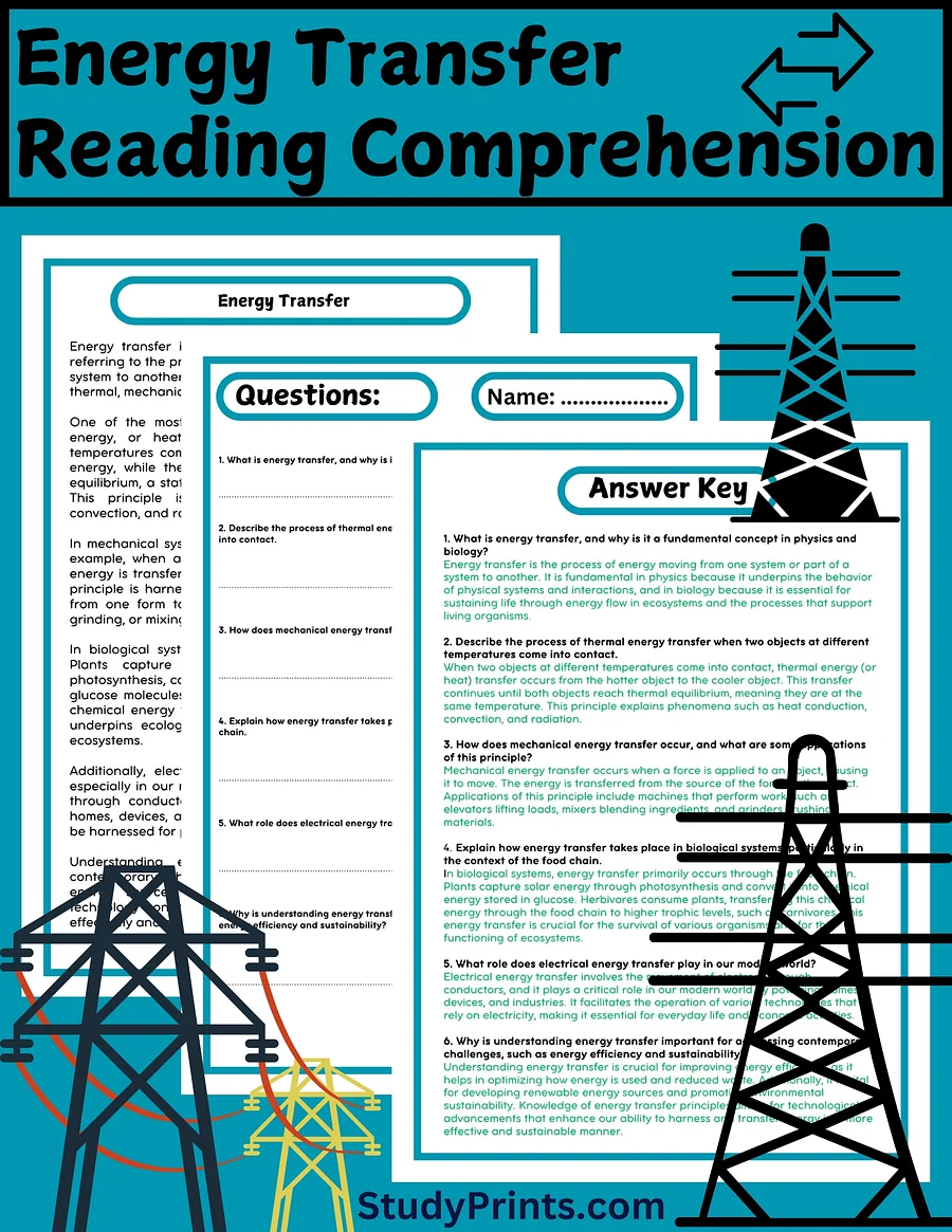 Energy Transfer Reading Passage with Questions Worksheet | Study Prints