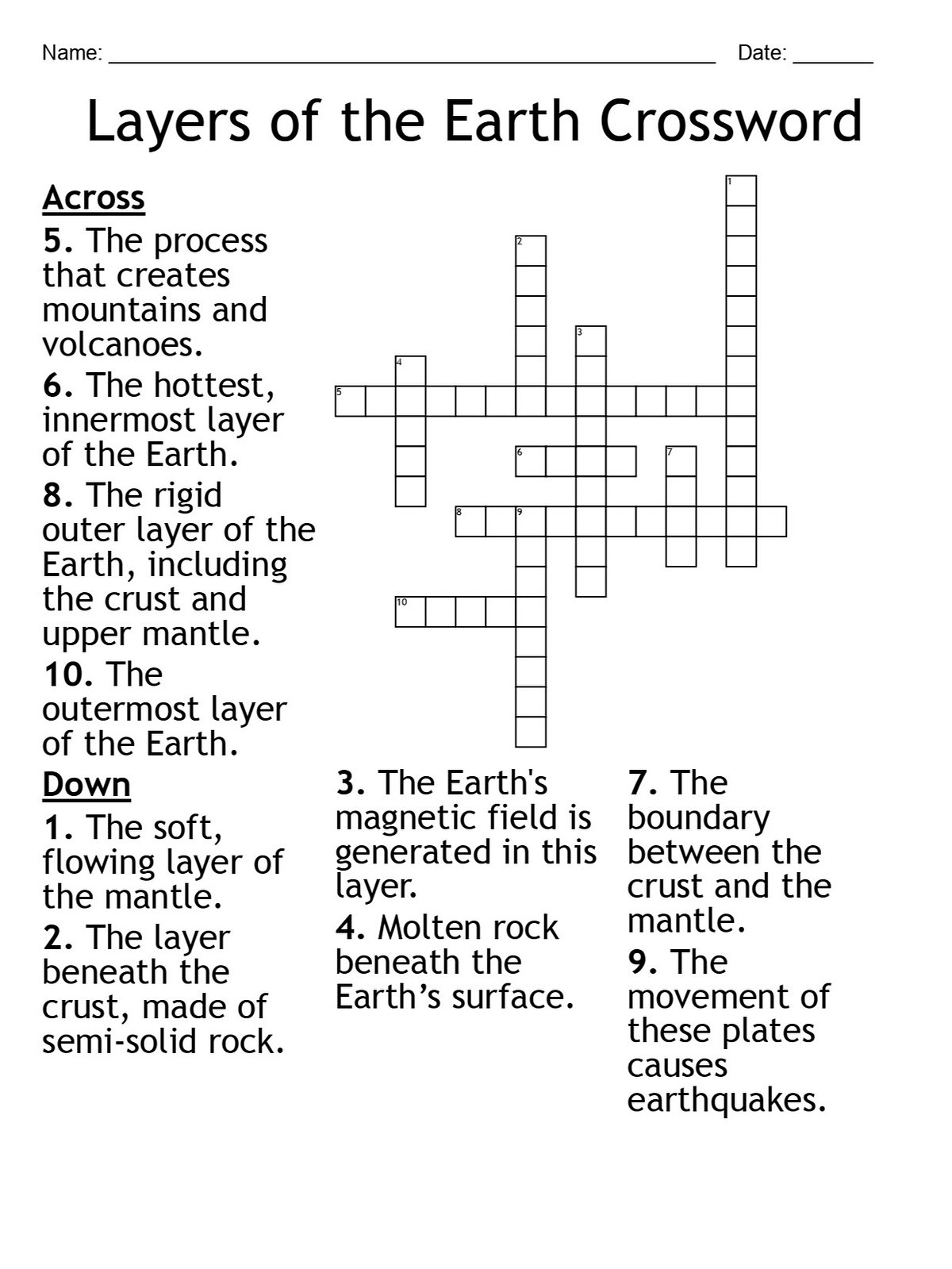 Layers of the Earth Crossword Puzzle: Fun Earth Science Activity ...