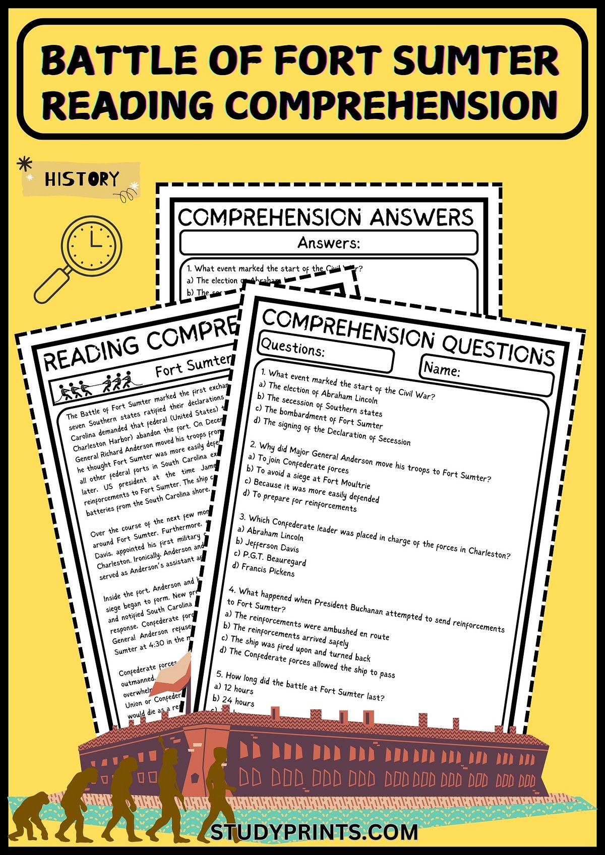 Fort Sumter Reading COMPREHENSION WORKSHEET WITH 5 QUESTIONS PDF ...