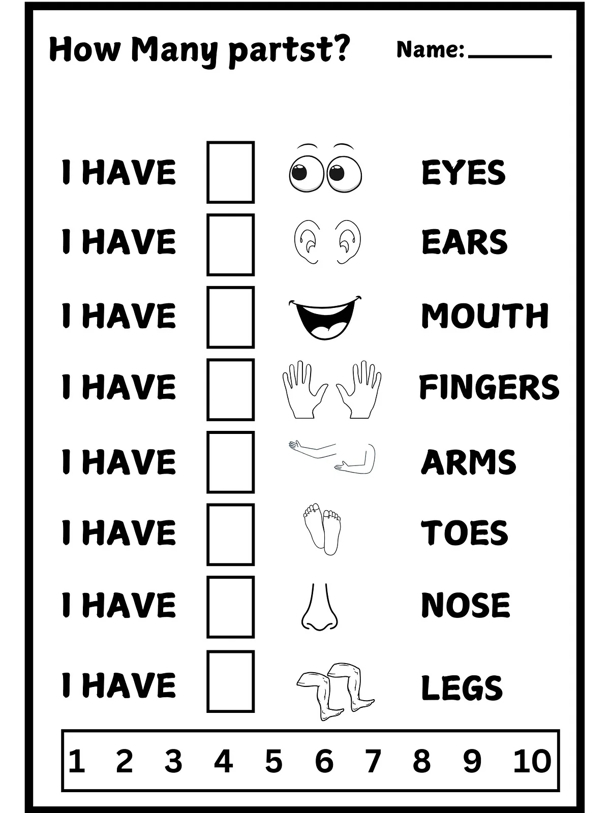Body Parts Counting Worksheet | Study Prints