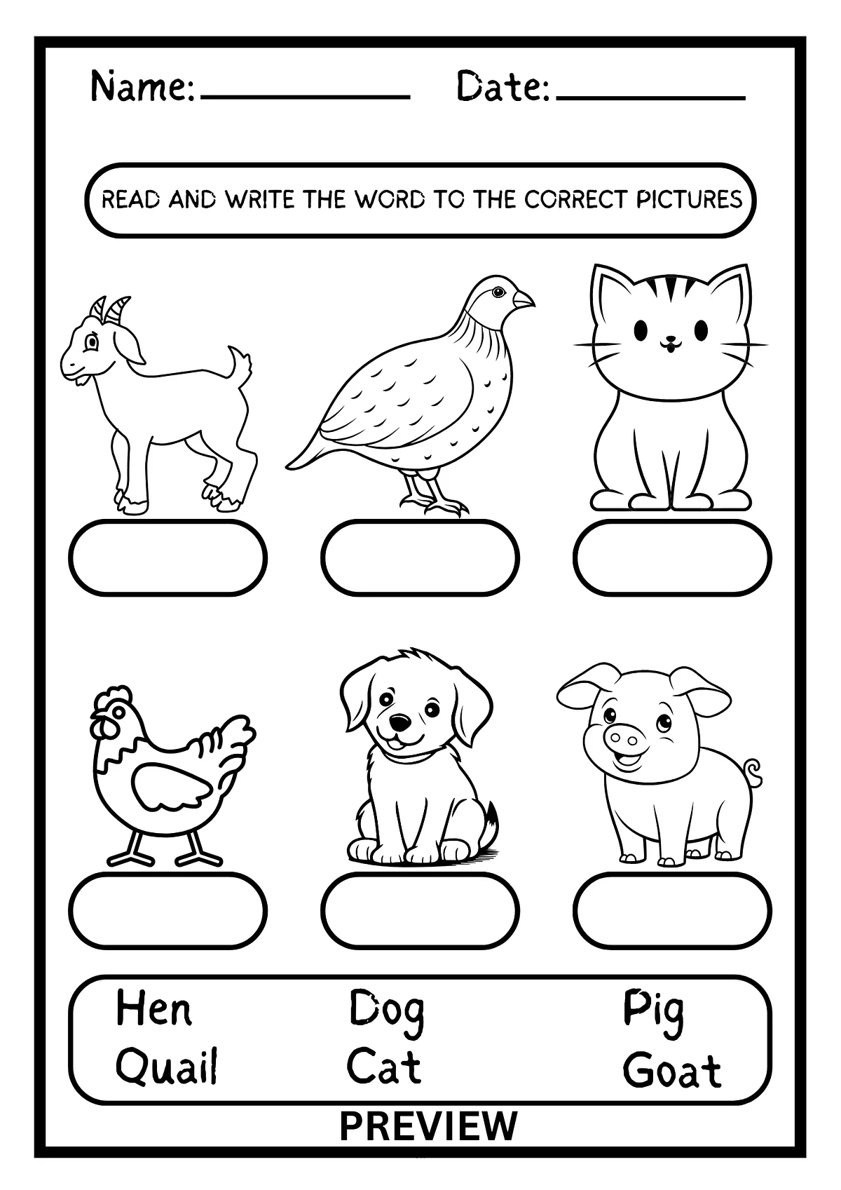 Domestic Animals Worksheet for Preschool English Vocabulary | Study Prints