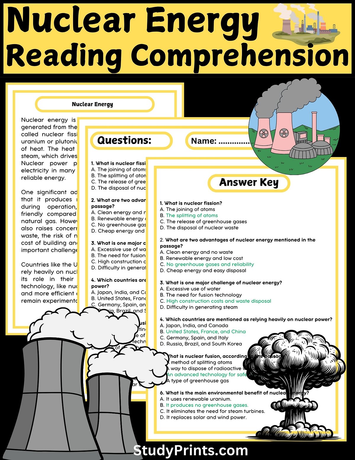 Nuclear Energy Reading Passage with Comprehension Questions | Study Prints