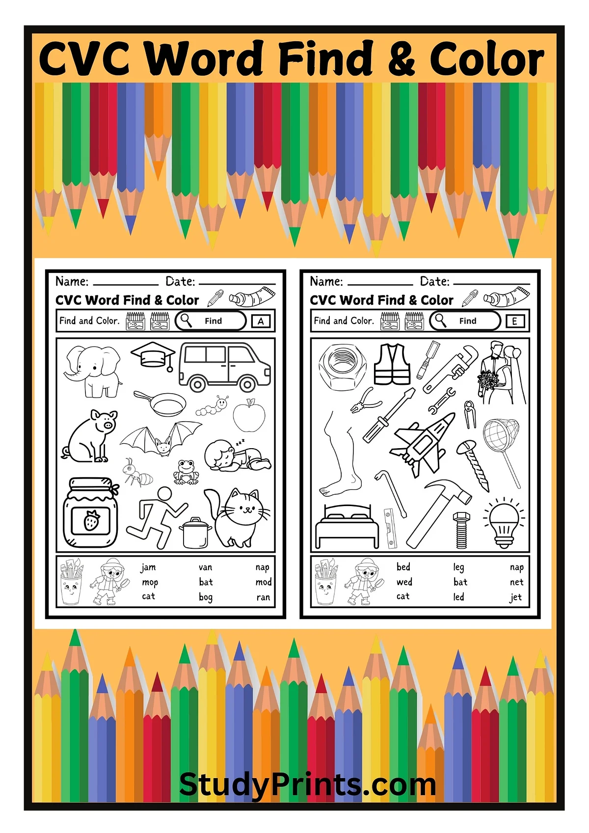 Find and Color - CVC Word Fun Worksheets PDF Printable | Study Prints