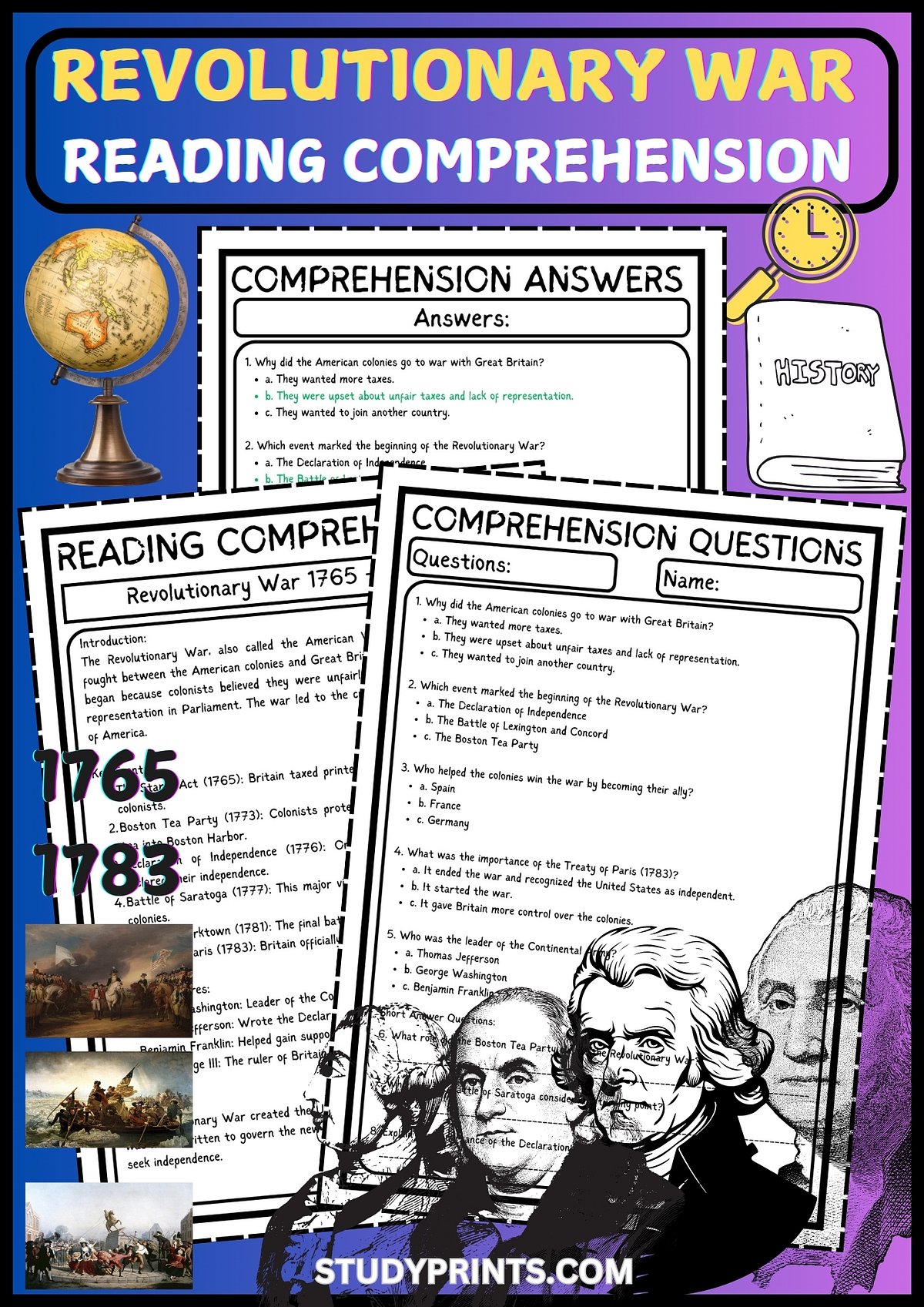 the American Revolutionary War READING COMPREHENSION WORKSHEET WITH 8 ...