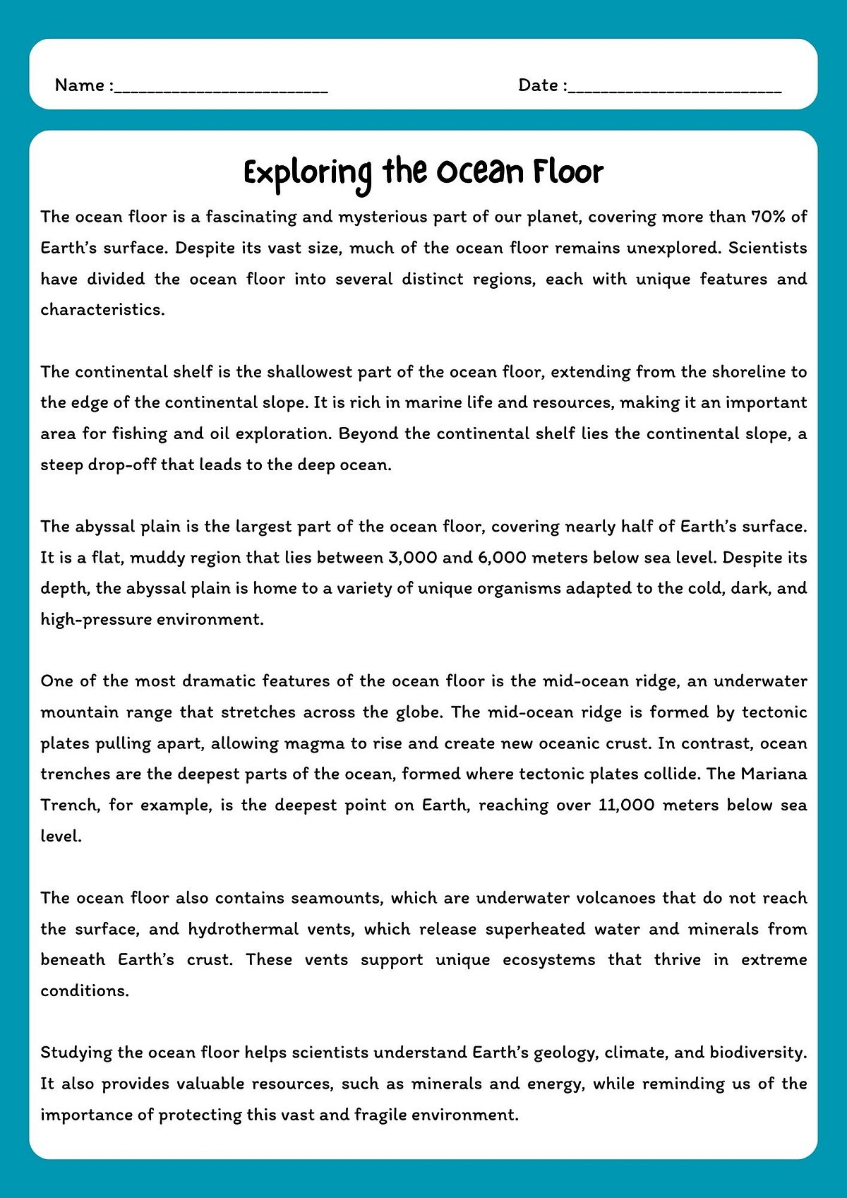 The Ocean Floor Reading Comprehension with Questions | Learn Prints ...